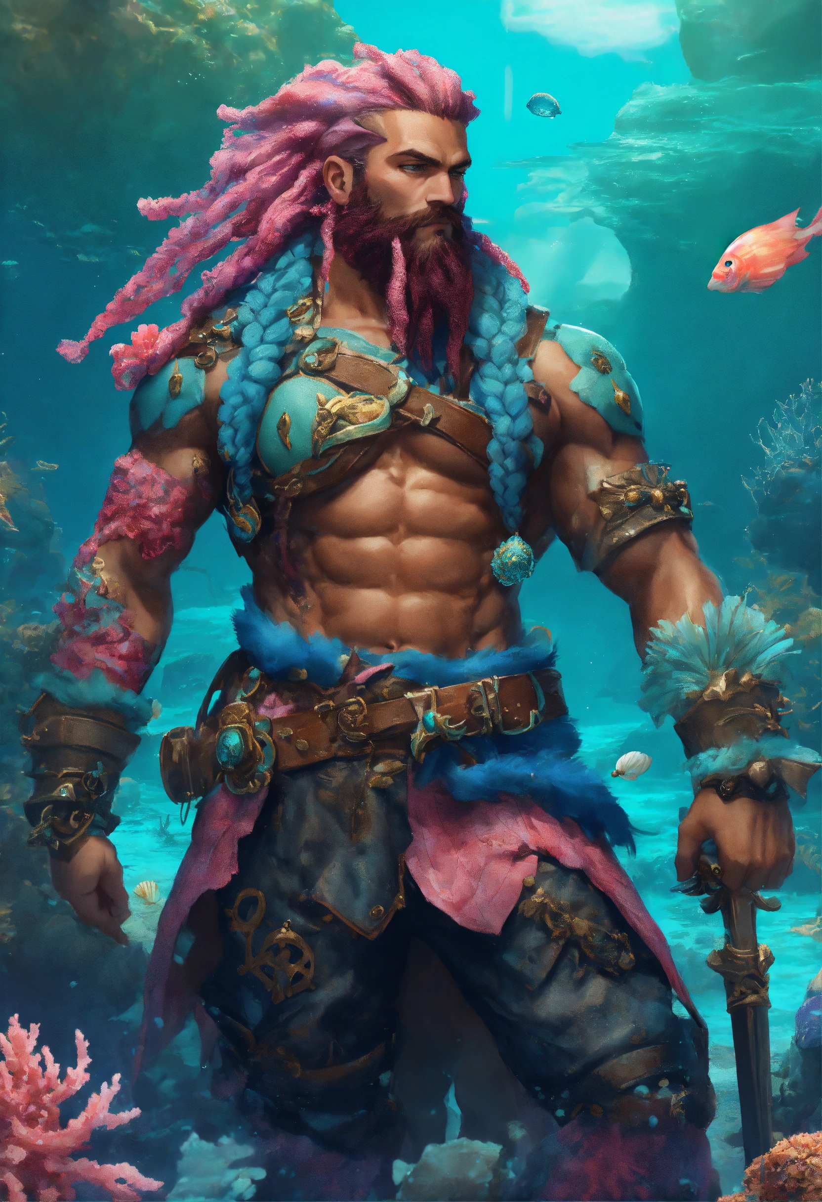 Lexica - A buff muscular Triton pirate with scales across his Blue skin ...