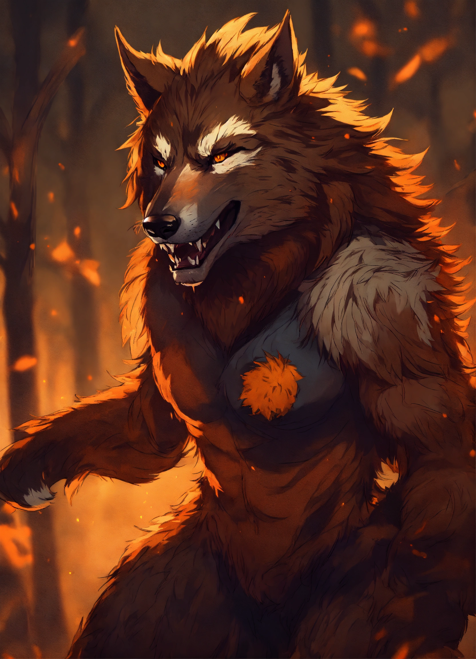 Lexica - A stunningly ferocious female werewolf, brown fur, orange eyes ...