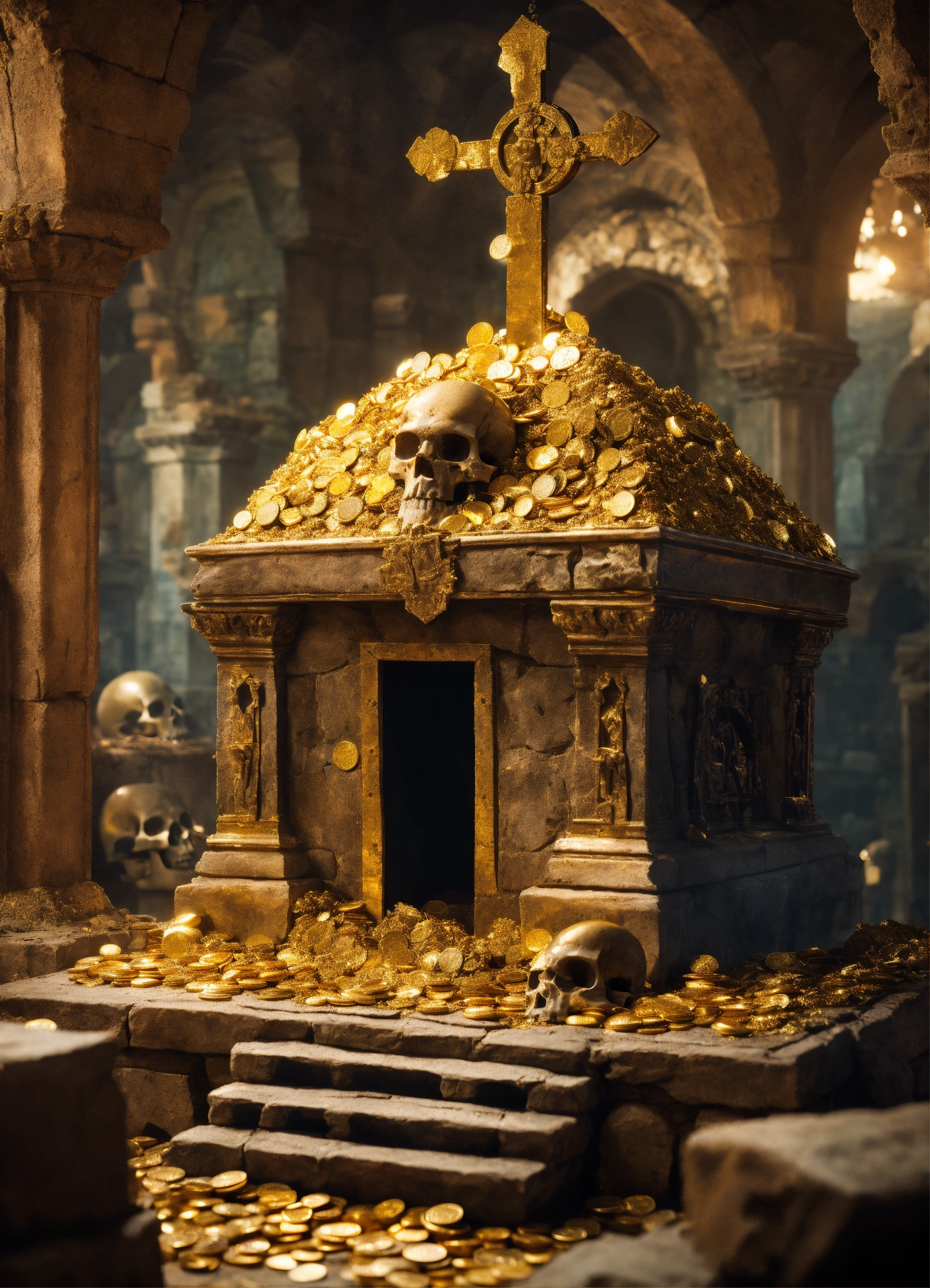 Lexica - Large Medieval looking tomb with large skulls, treasure chests ...