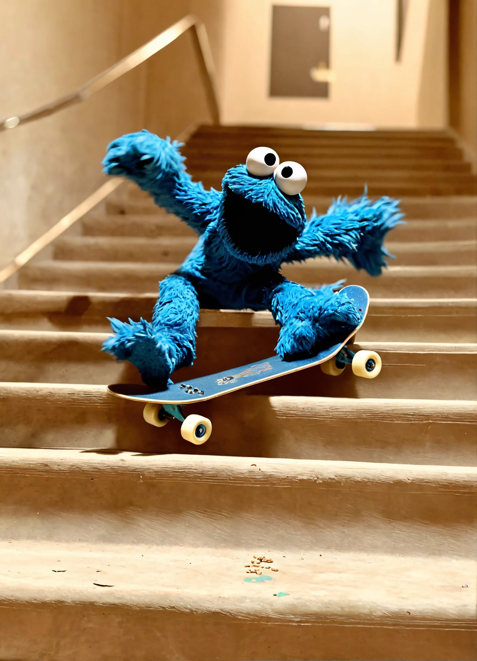 Lexica - Cookie monster doing a pop shuvit on a skateboard going down a ...