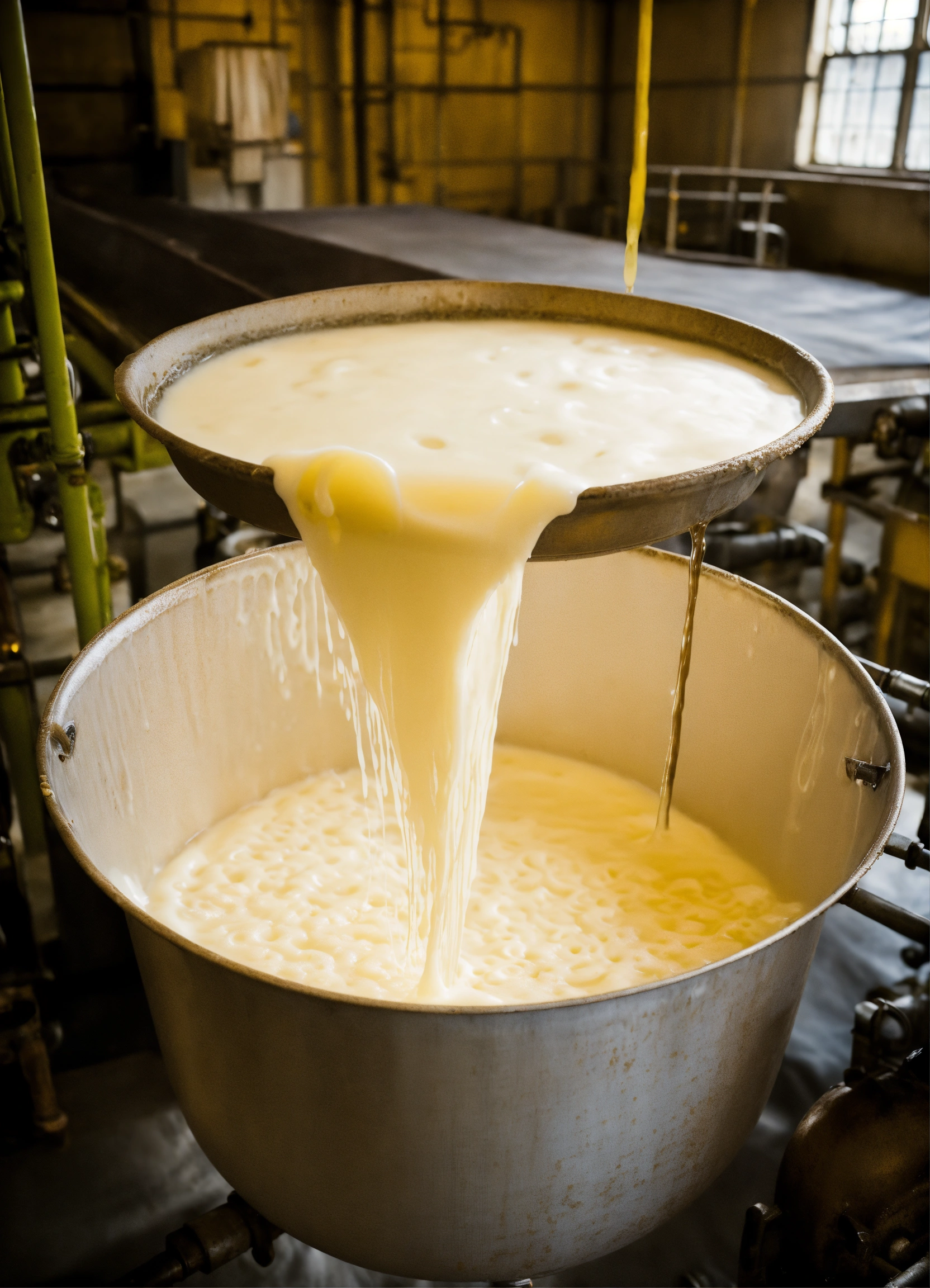 Lexica - Curdled milk in a straining cloth in an industrial setting