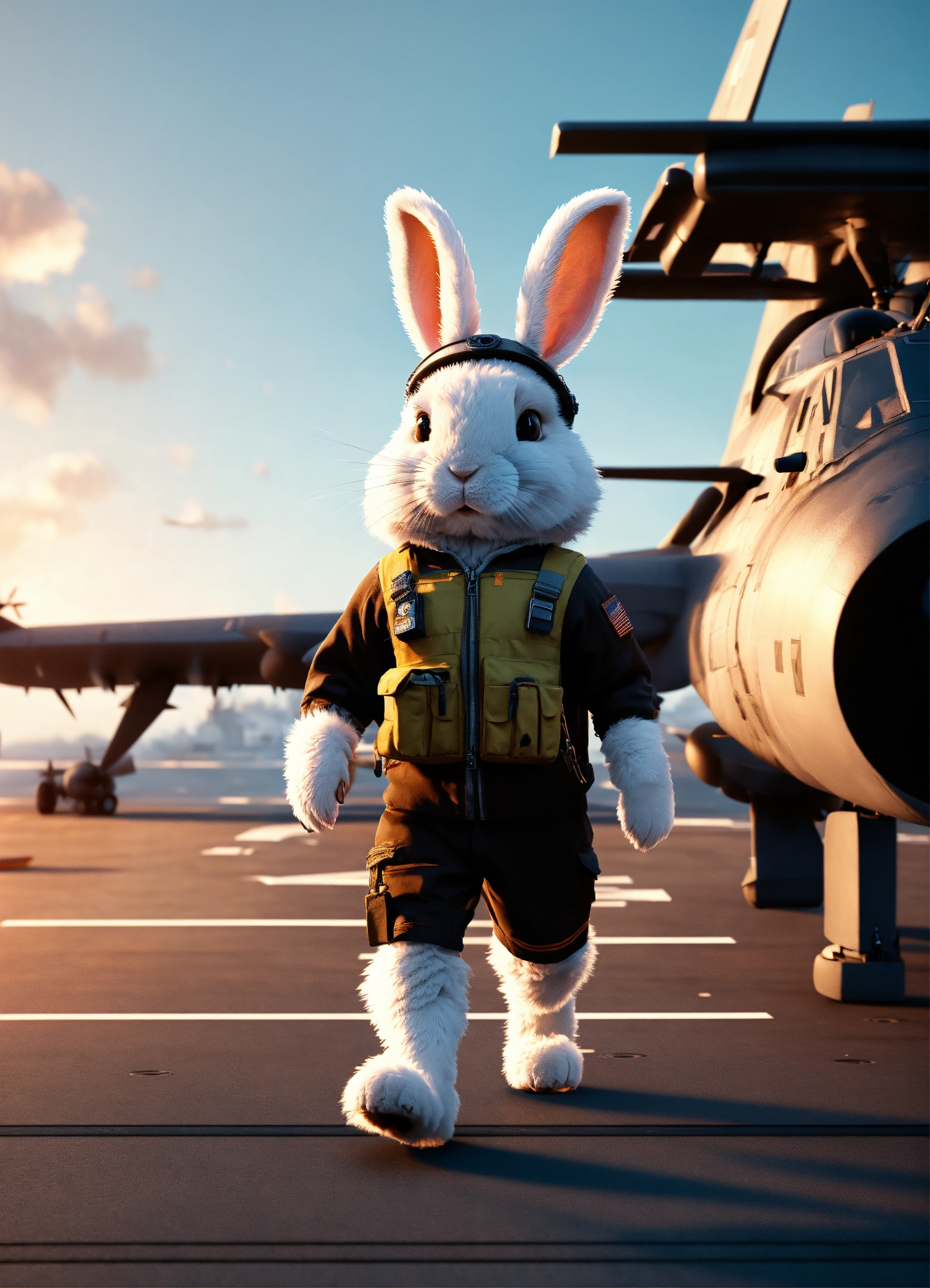 Lexica - A cute fluffy rabbit pilot walking on a military aircraft ...