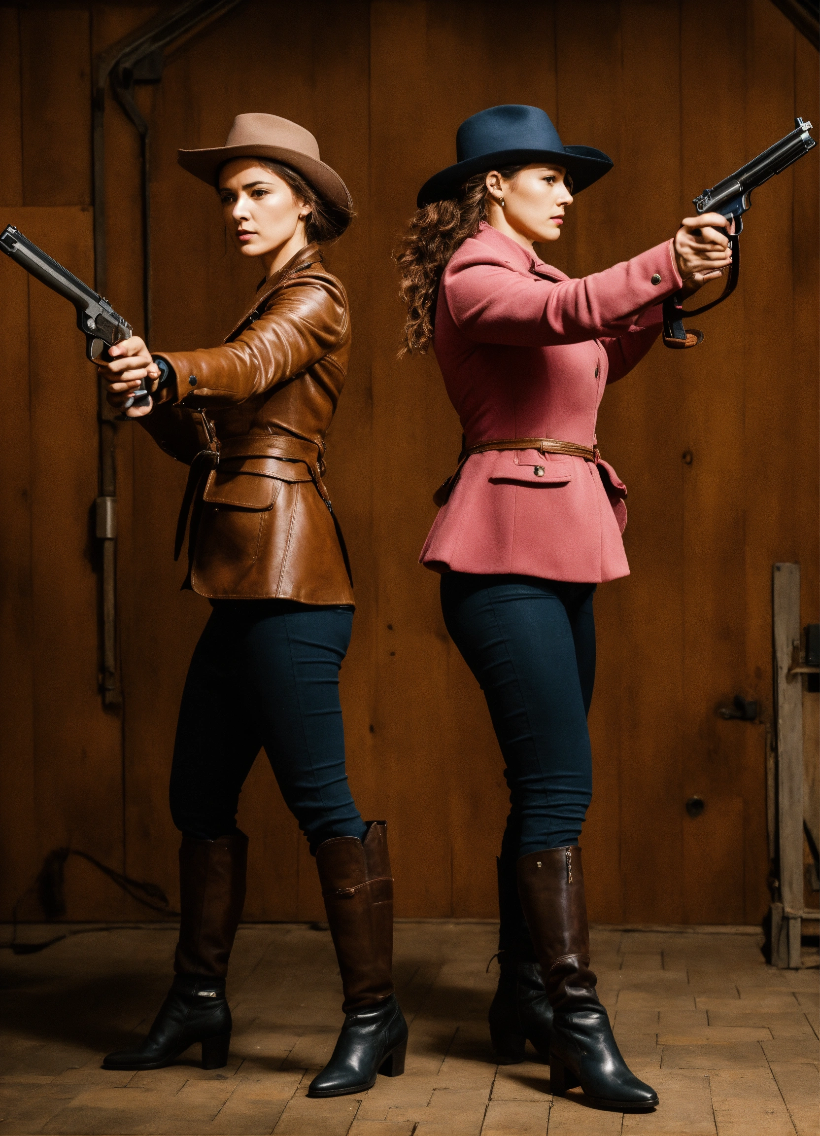 Lexica - 2 duelling women carrying pistols, standing back to back