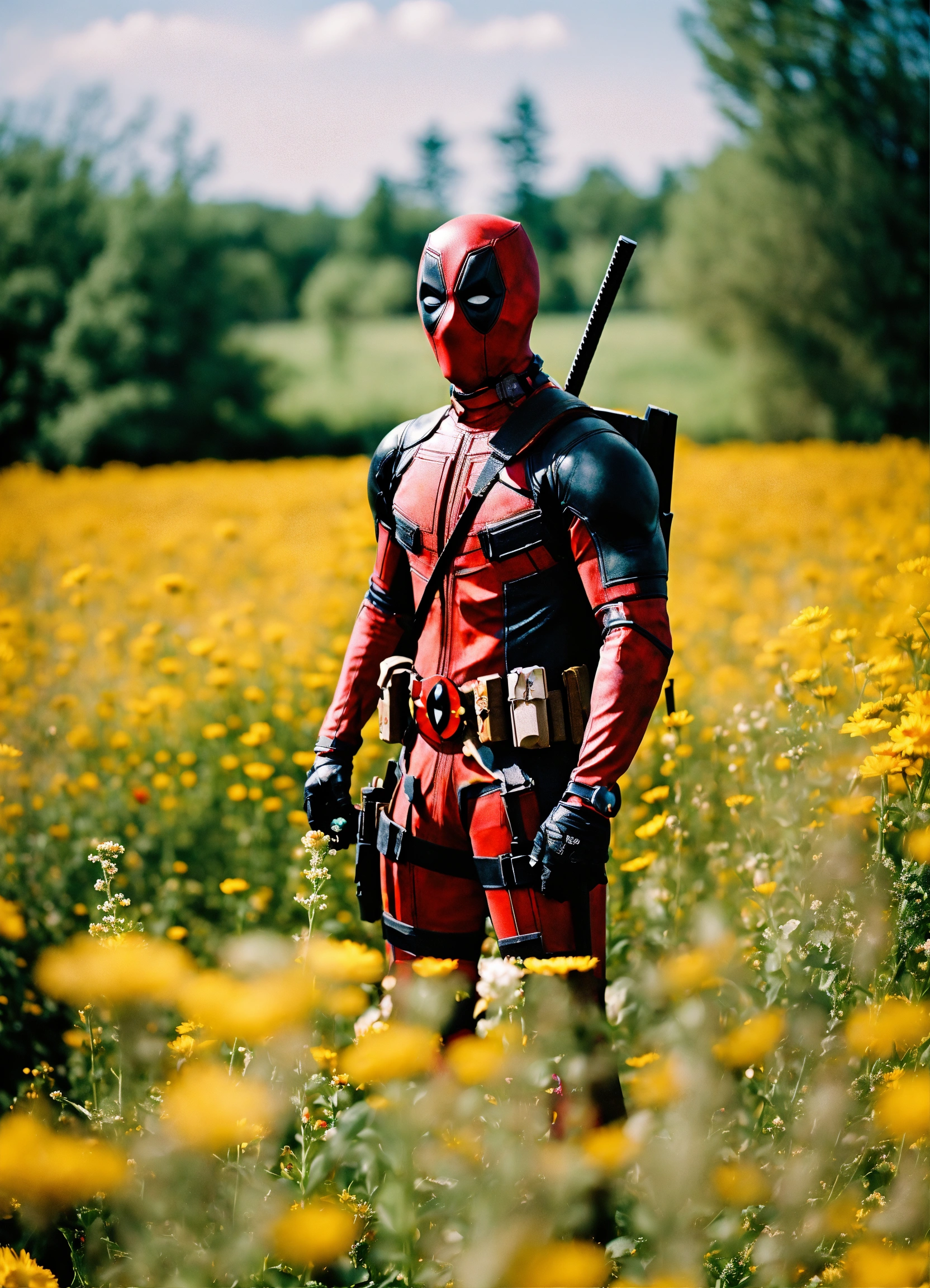 Lexica - Happy Deadpool standing in a beautiful field of flowers ...