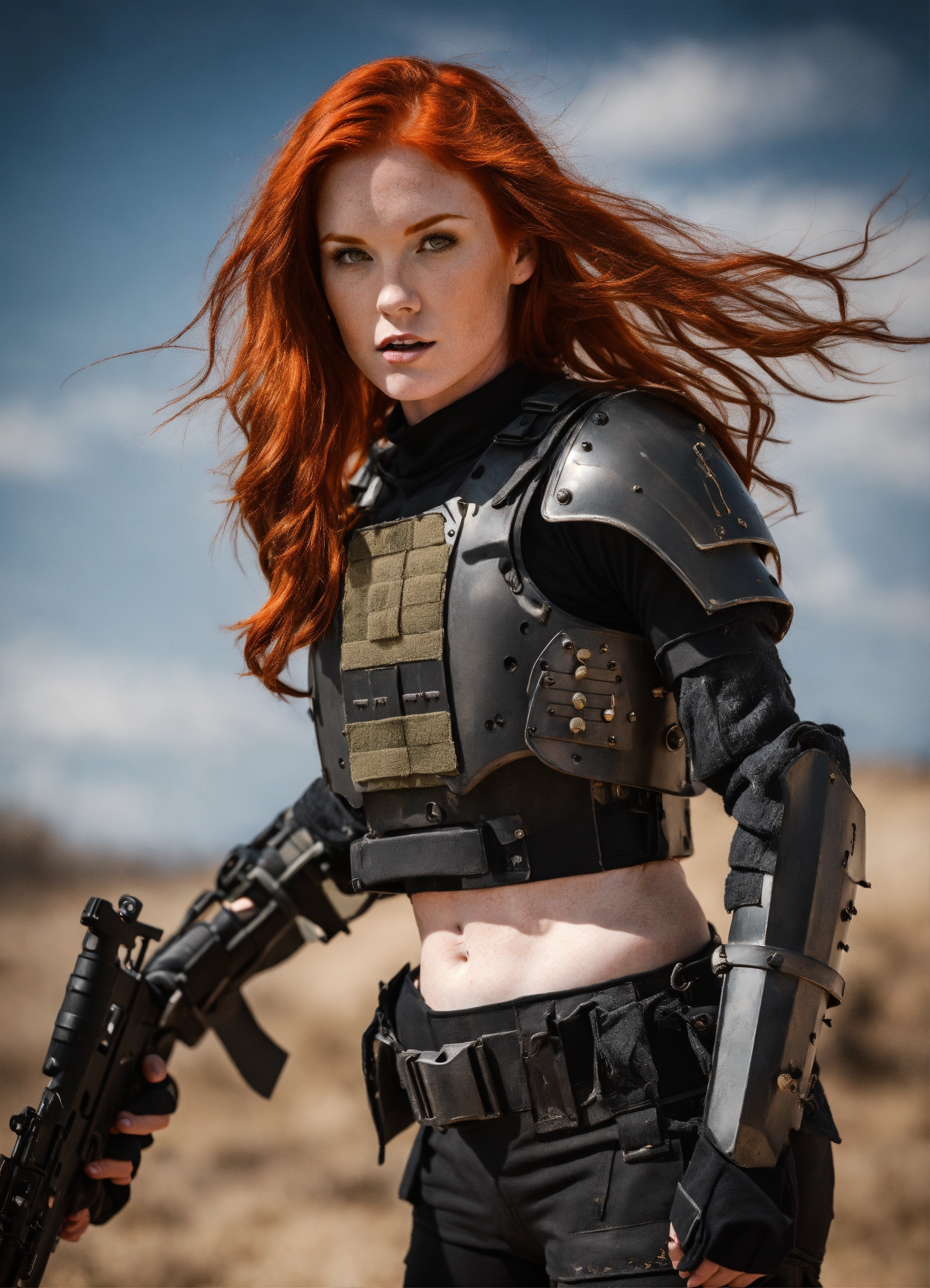Lexica - Female athletic red hair model wearing black metal military ...