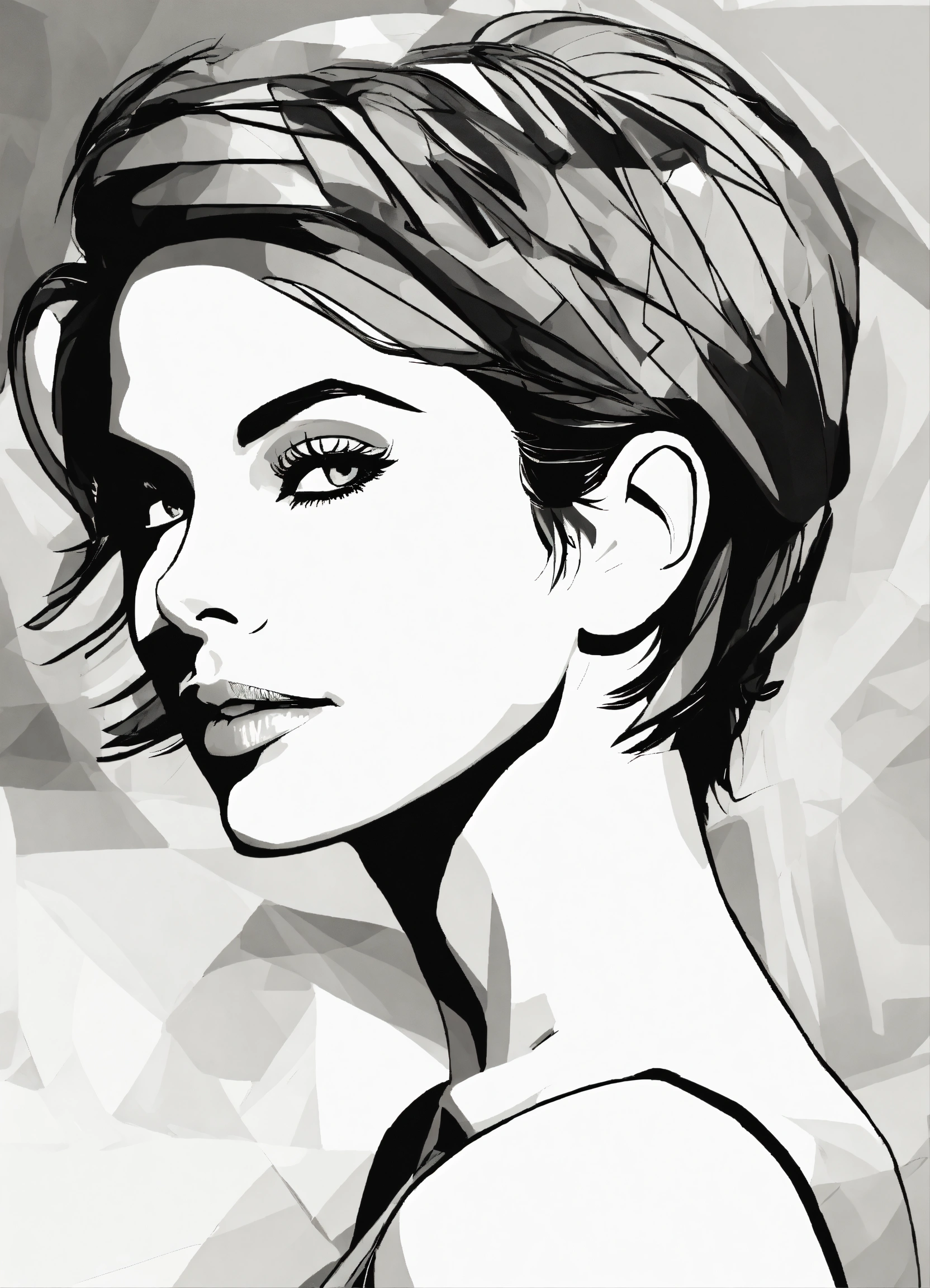 Lexica - Black and white clipart of pretty woman, short hair, upper ...