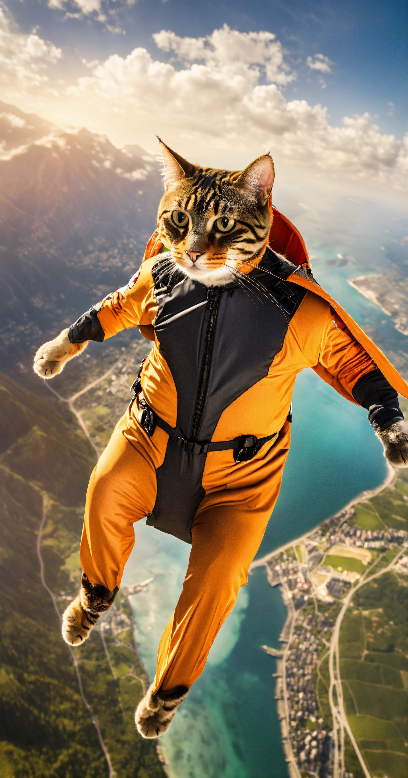 Lexica - Generate a picture of a cat as a wingsuit flyer, soaring through the sky in a wingsuit ...