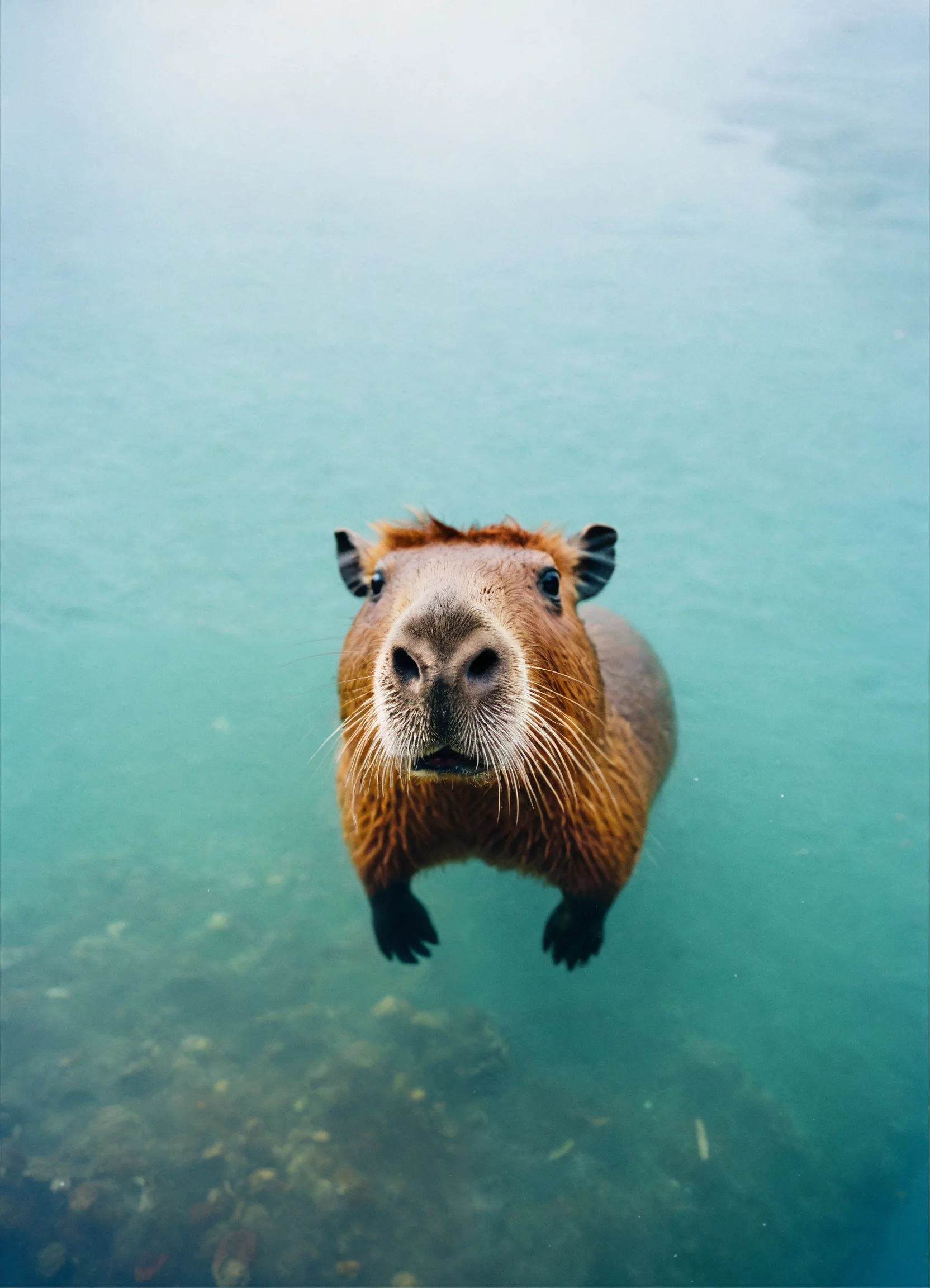 Lexica - A cute capybara swimming in the ocean, portra 400, wide angle ...