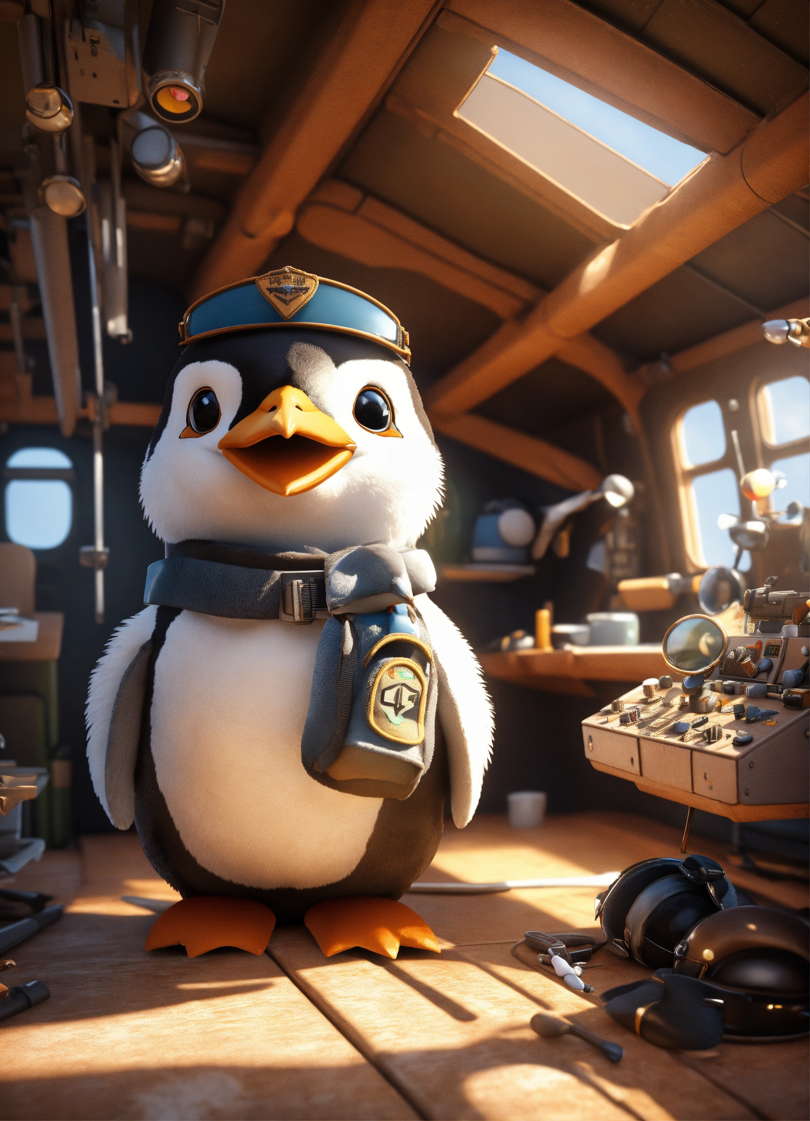 Lexica - A cute fluffy penguin pilot working on a plane in his shed ...