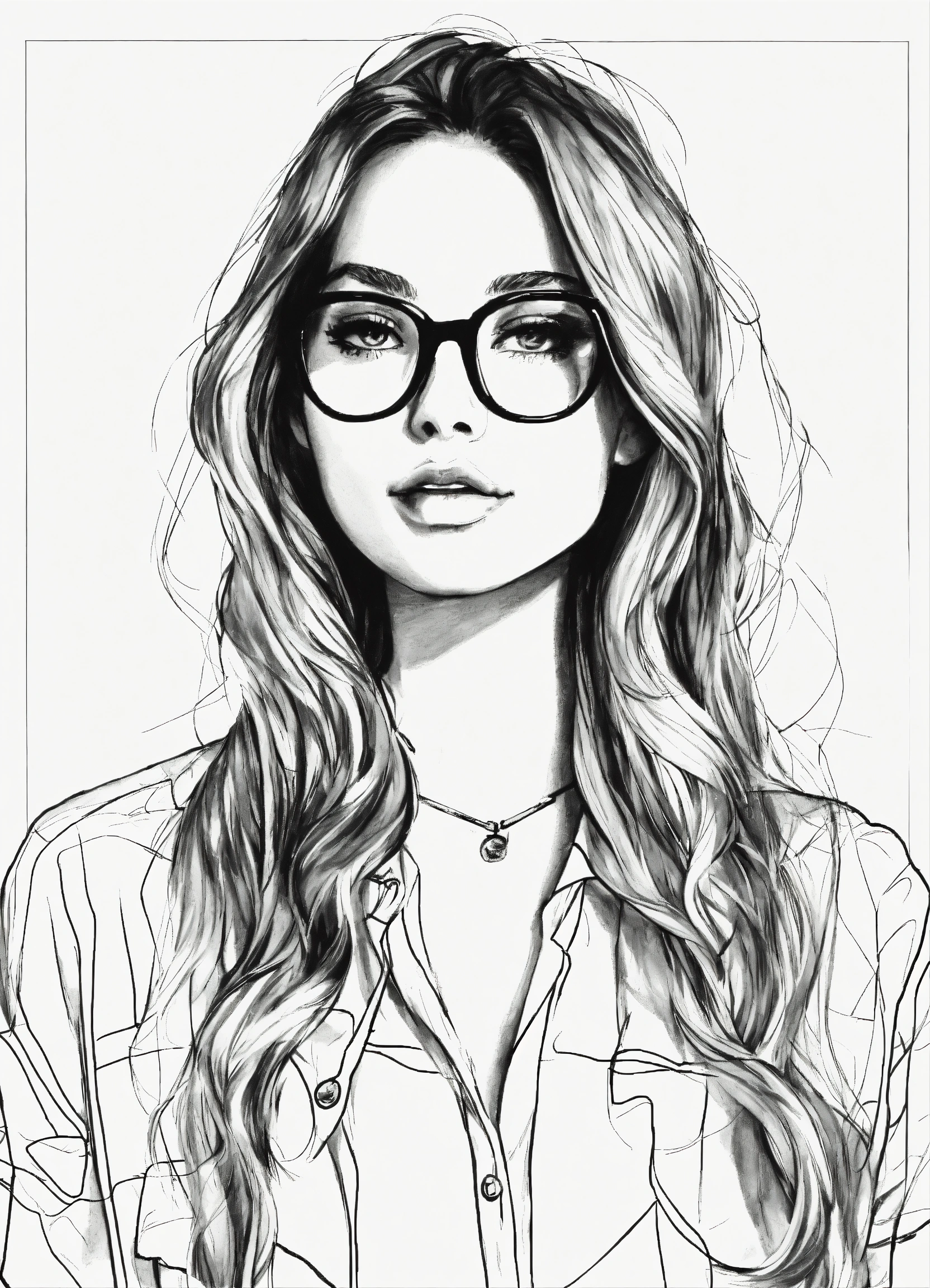 Lexica - Black and white line drawing, girl, upper body, lines ...