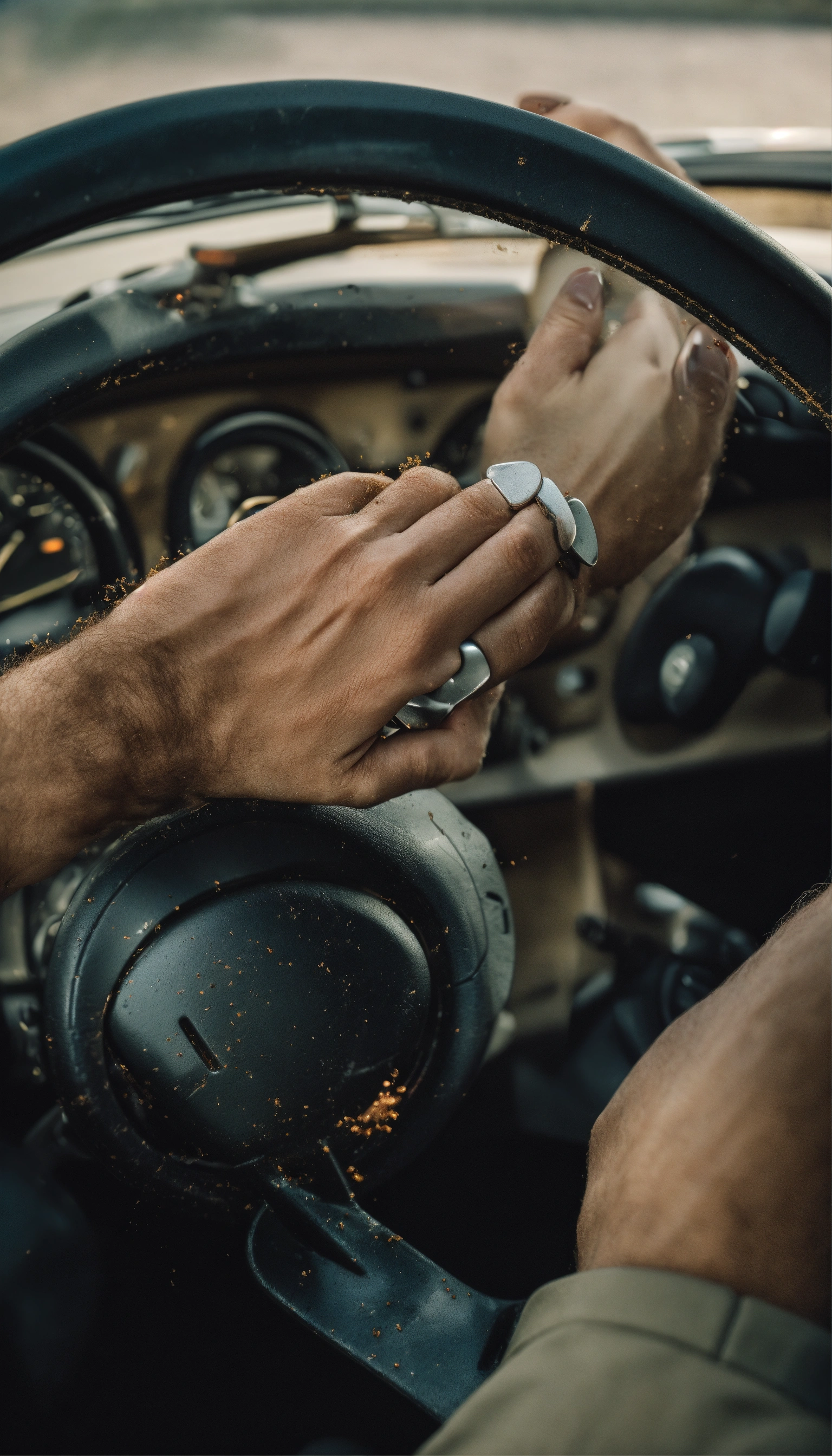 Lexica - A man’s greasy hands with unclipped nails on steering wheel
