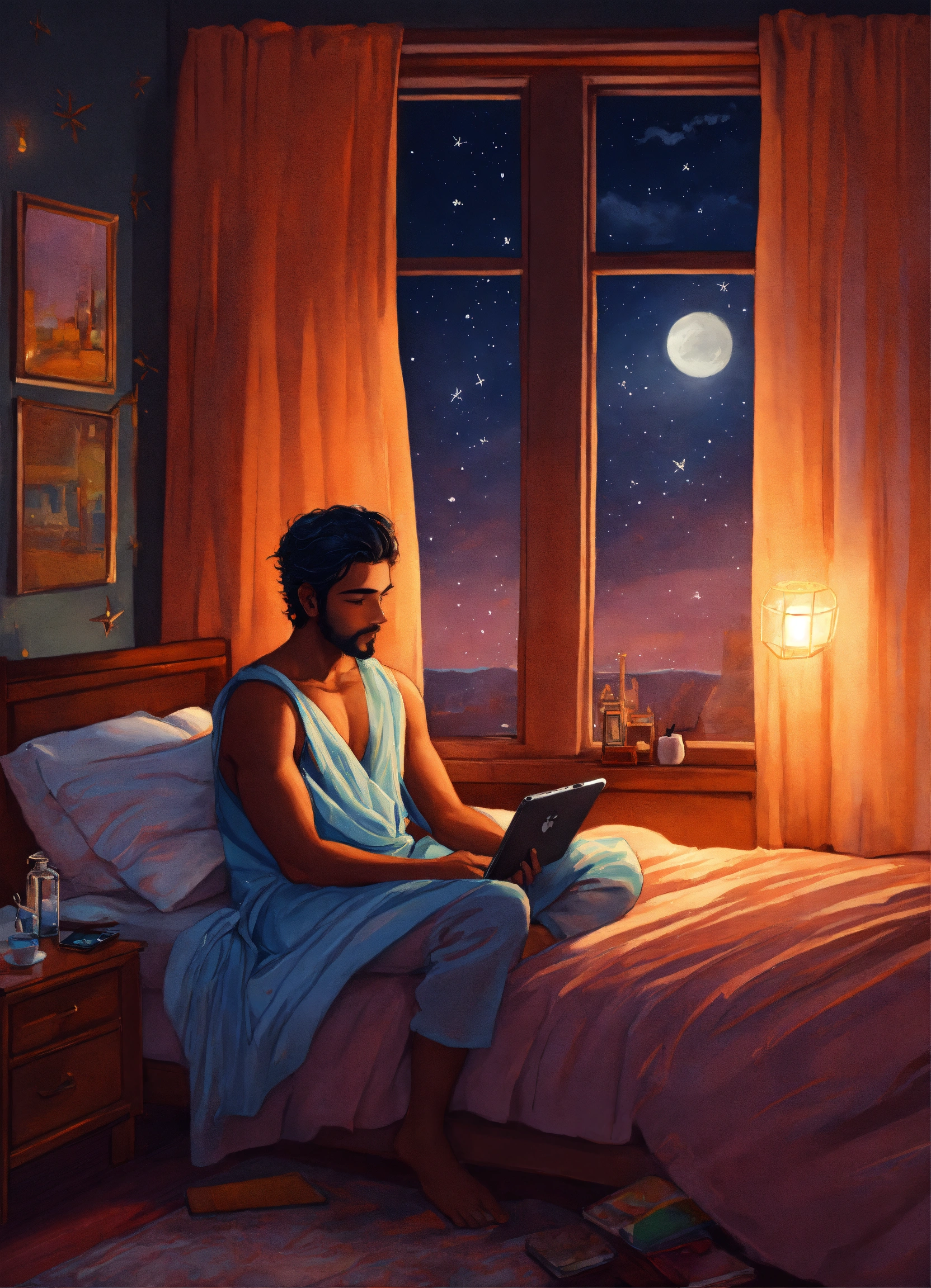 Lexica - A hand drawn painting of a young Indian man in sleeping attire ...