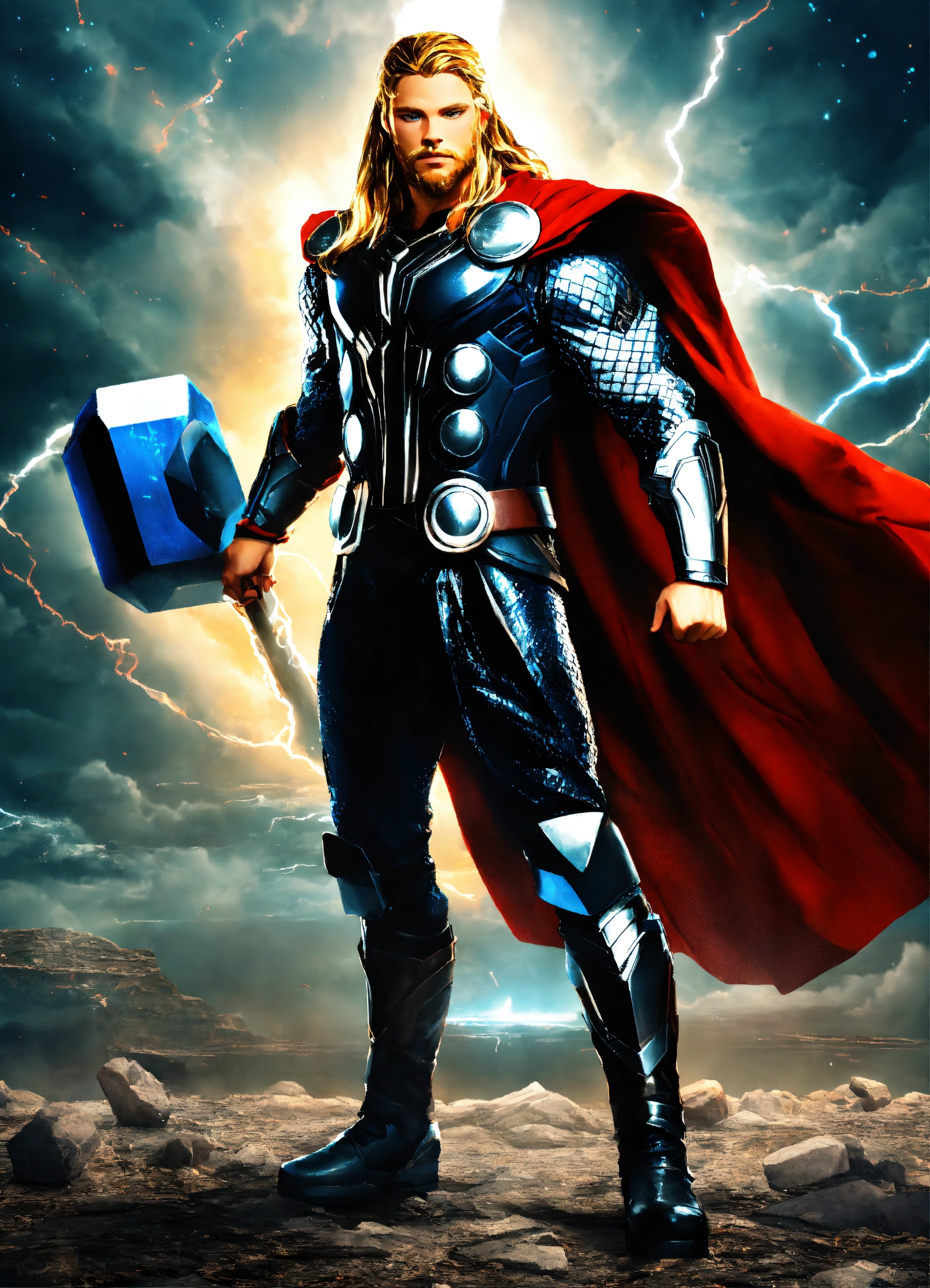 Lexica - Thor time traveling, 2D render, full-body view