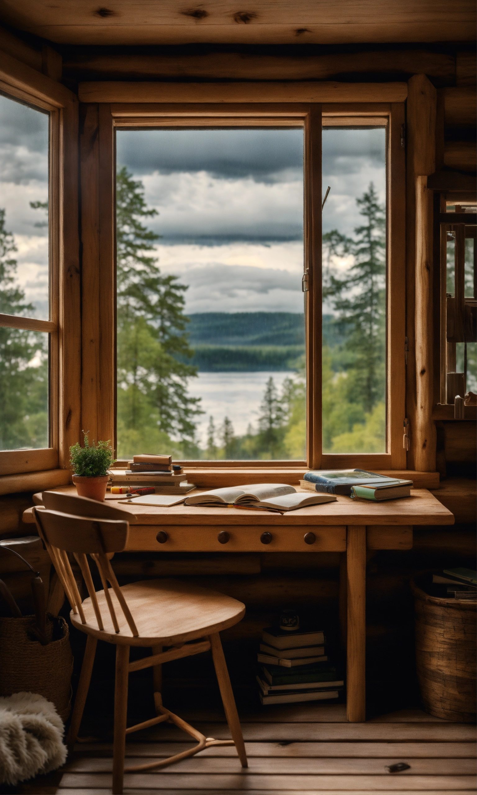 Lexica - Study desk in log cabin in sweden, wooden windows and wooden ...