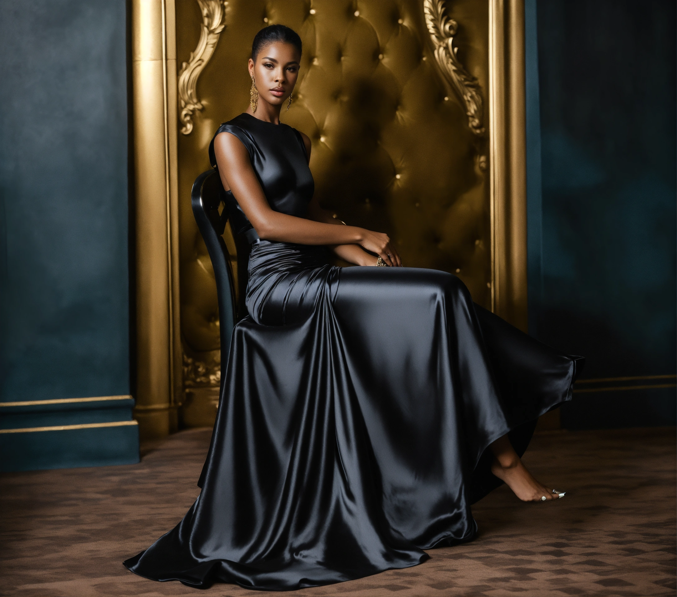 Lexica - Man sat on throne, godlike body, tight black Satin shiny ...