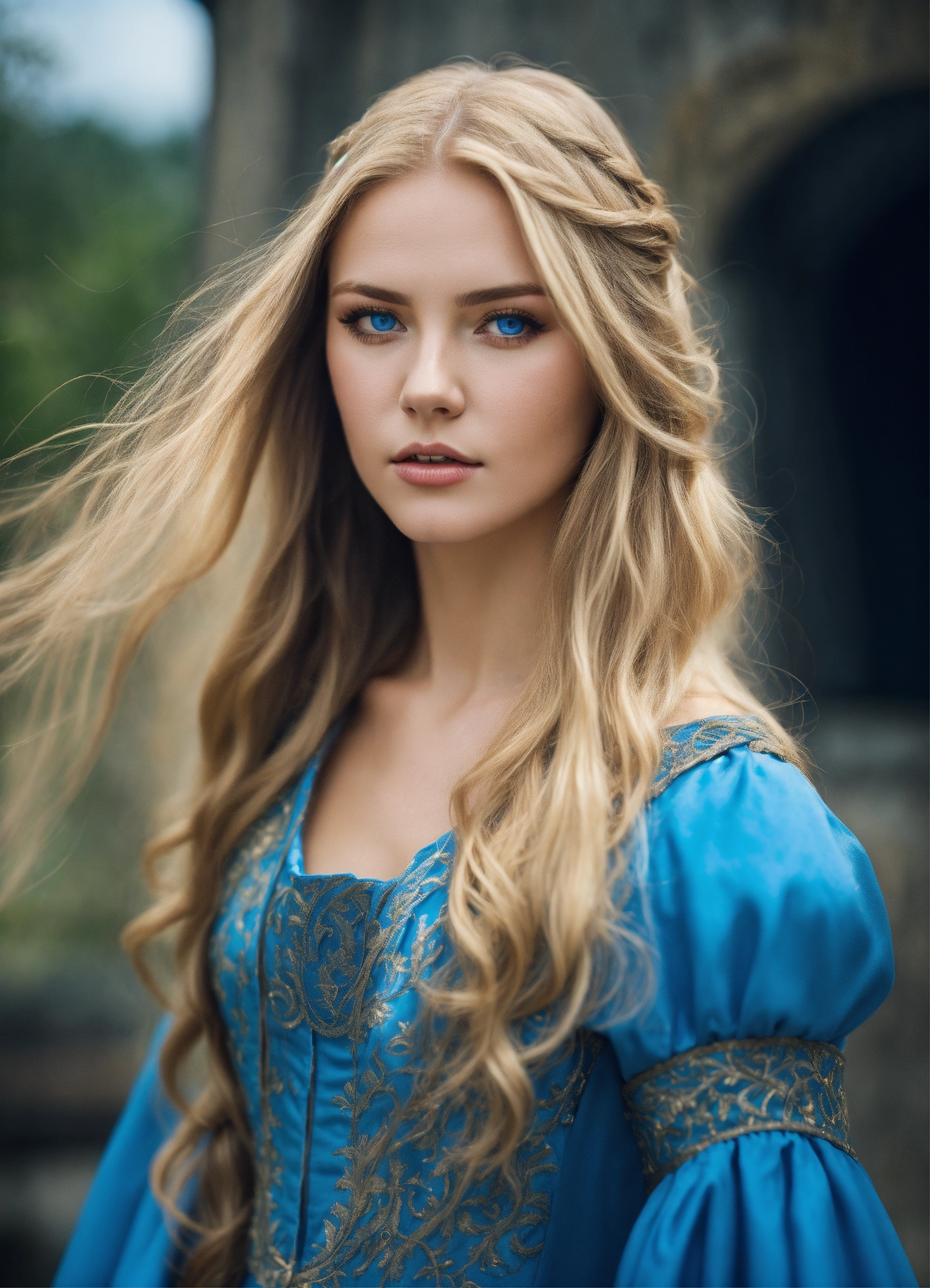Lexica - Beautiful young woman, long blond hair, blue eyes, strong look ...