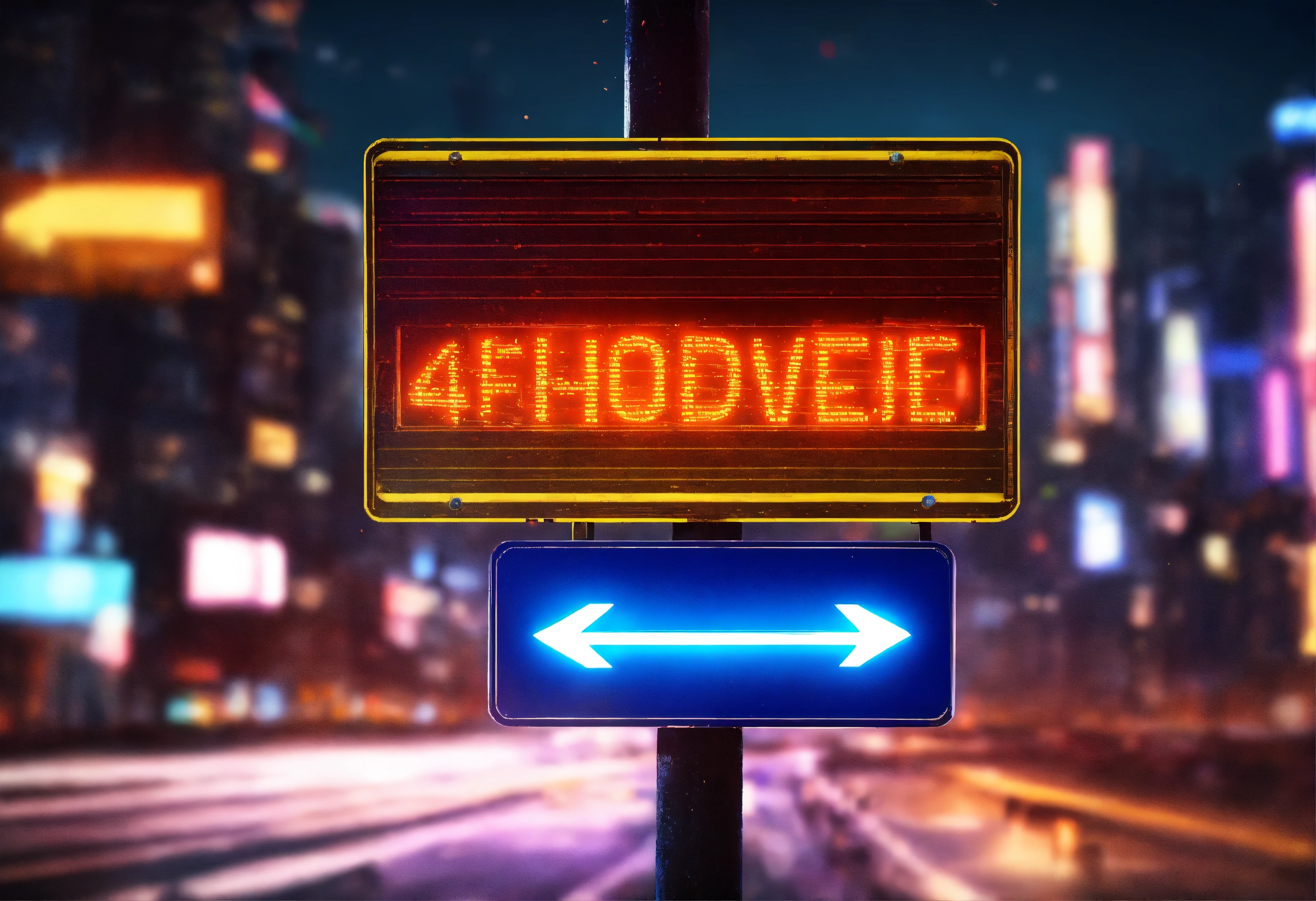 Lexica - Road sign, night, ultra detailed, 4k, neon city background