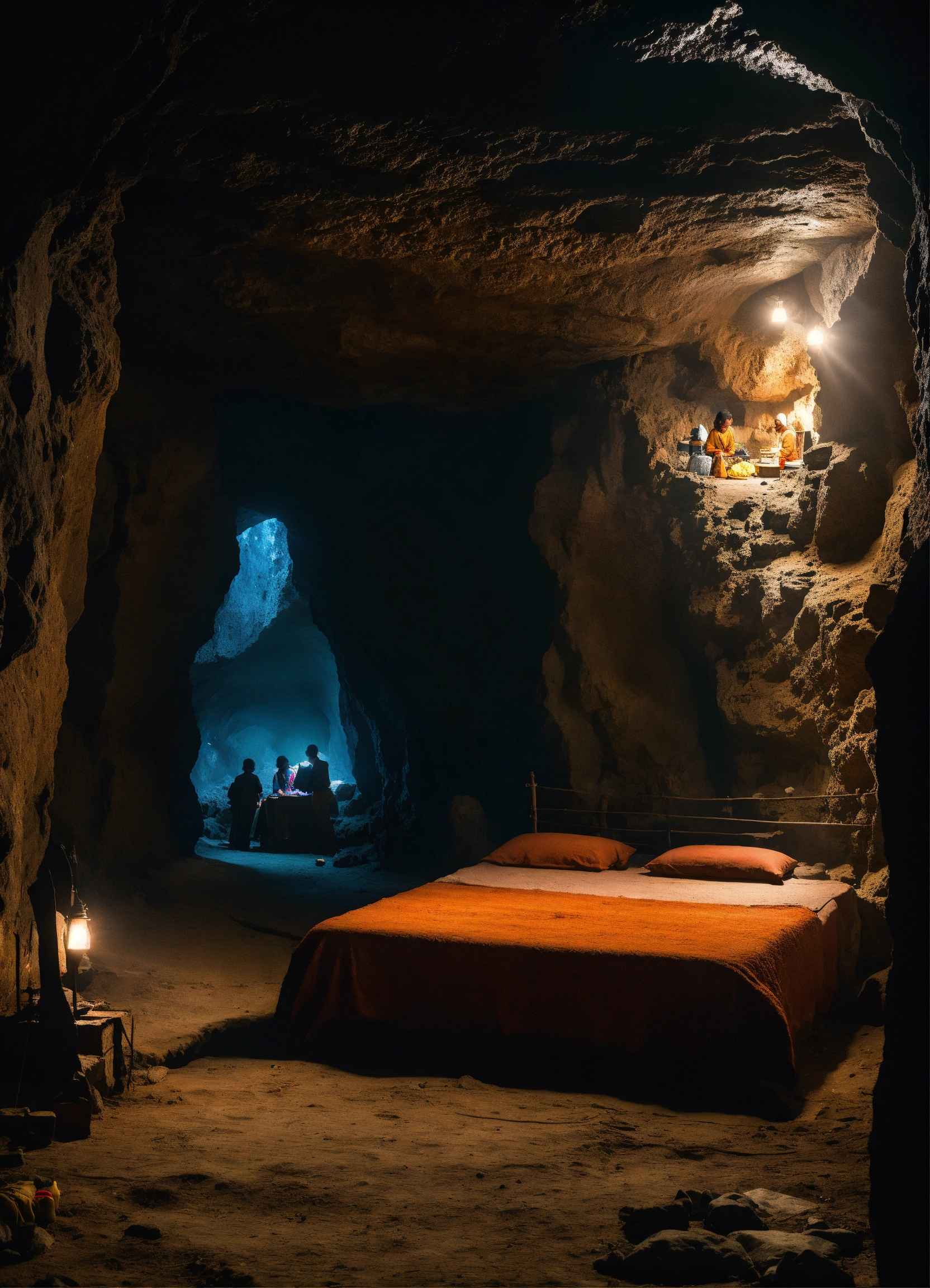 Lexica - A shanti refugee camp inside a dark cave. There is no natural ...