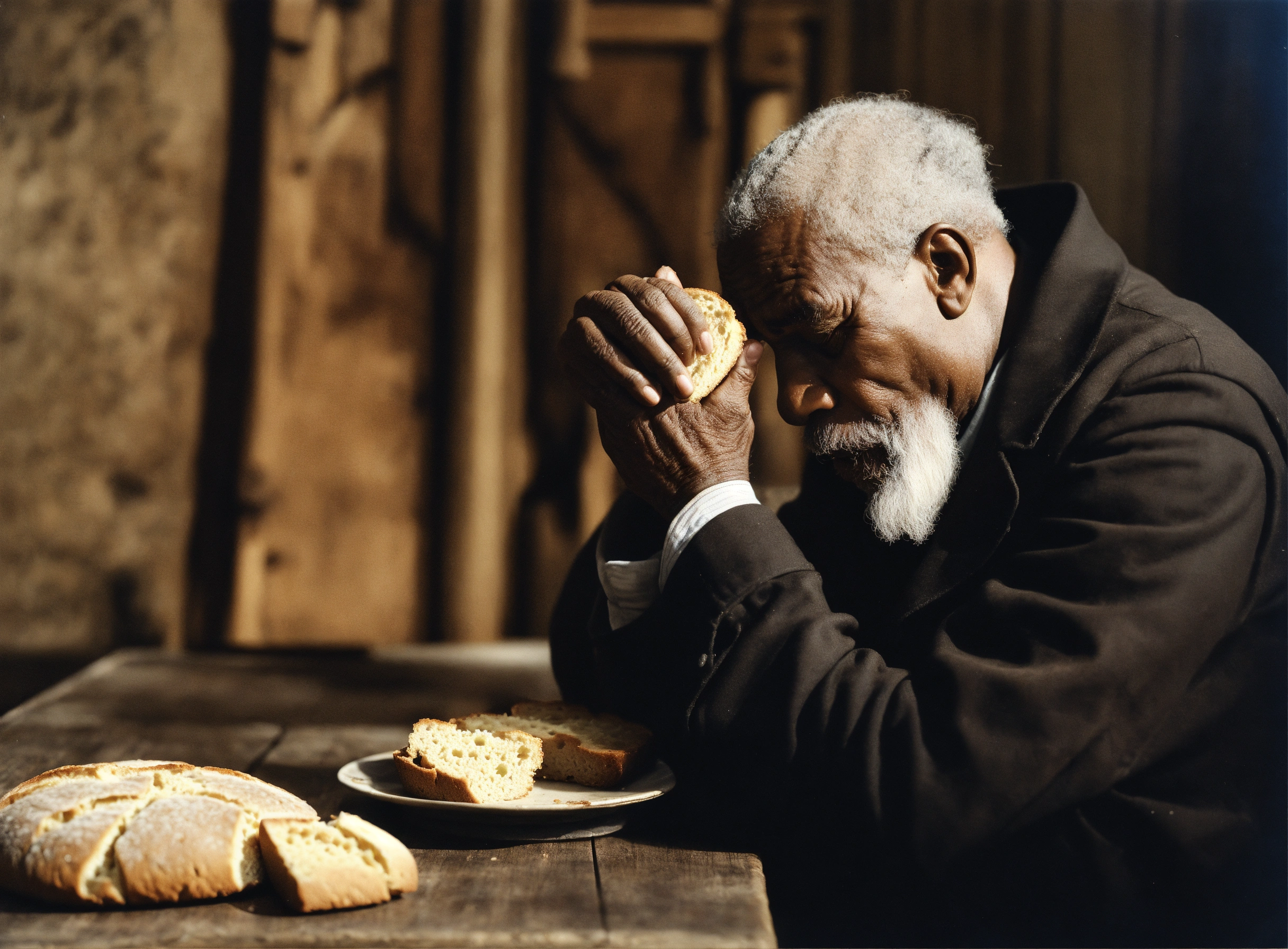 Lexica - Old African-American man praying with bread on the table. 1910s