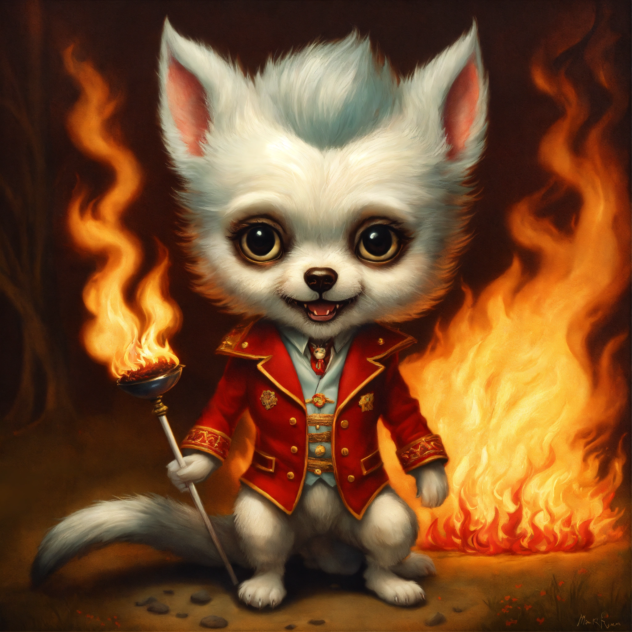 Lexica - A cute werewolf whit elvis costume in flames by mark ryden