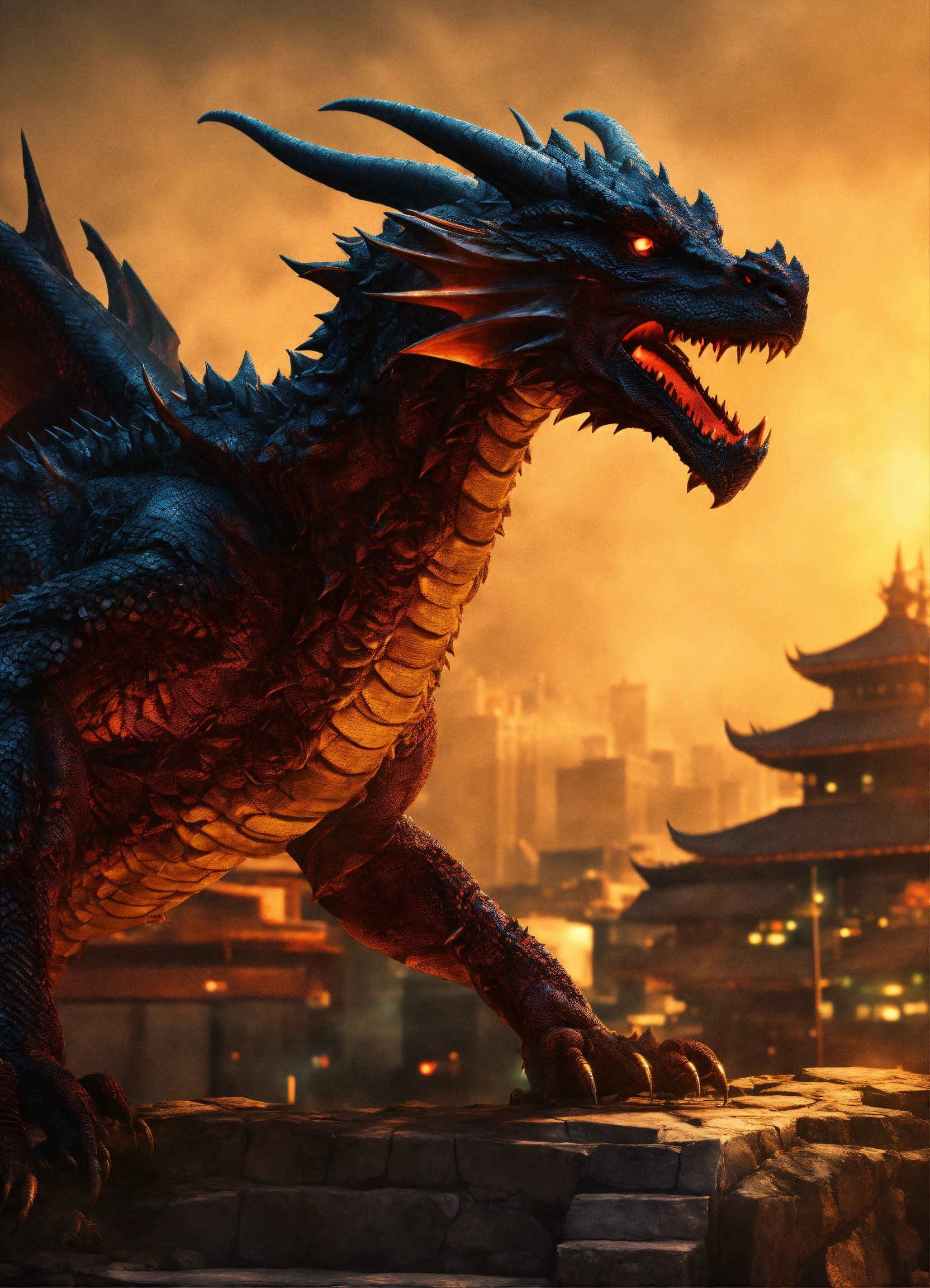 Lexica - Dragon Kaiju comic book style and volumetric lighting