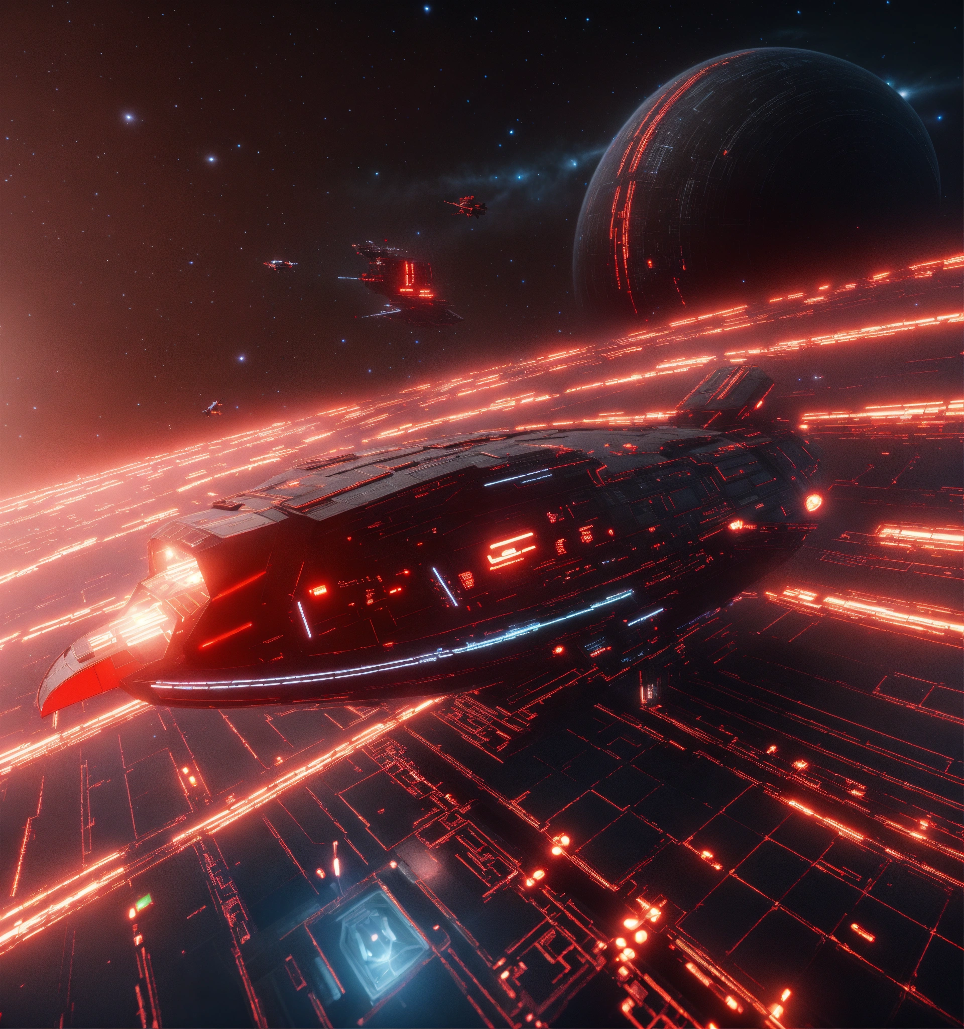 Lexica - Zoom out on fleet of long black organic worm like space ships ...