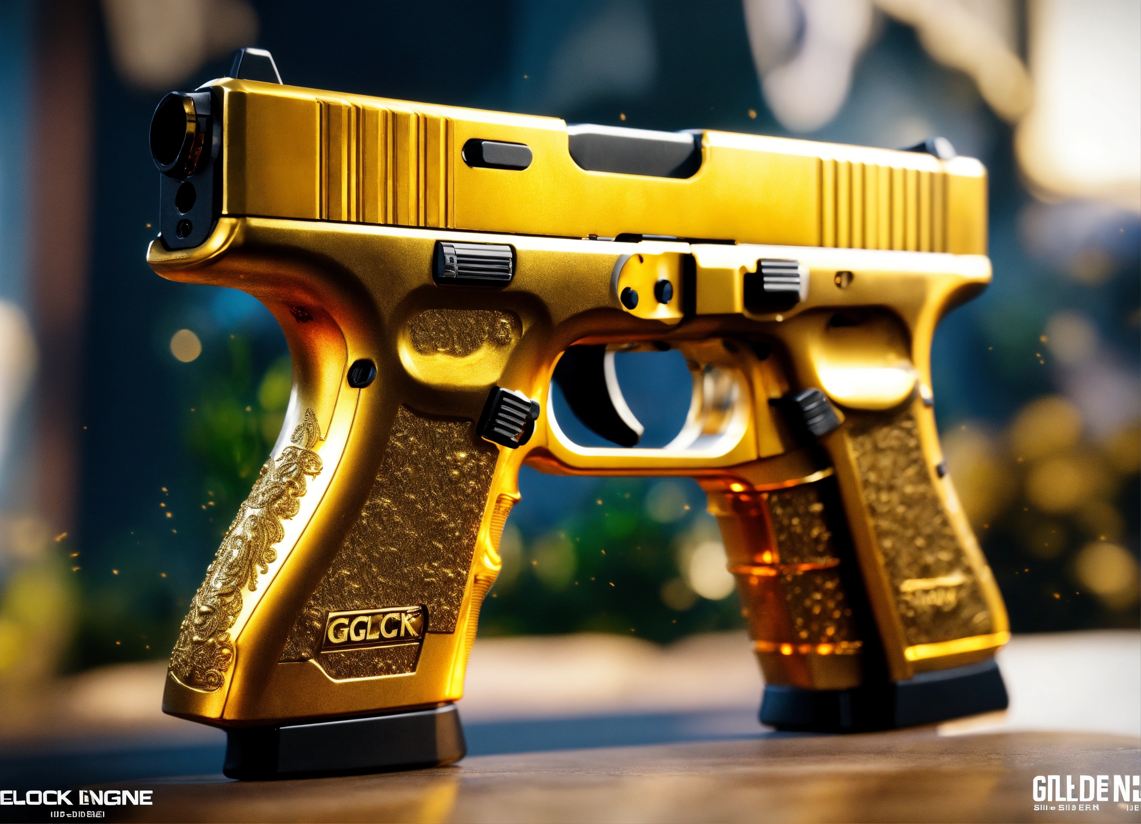 Lexica - (SIDE-VIEW) golden, glock, intricate, 128K, UNREAL ENGINE