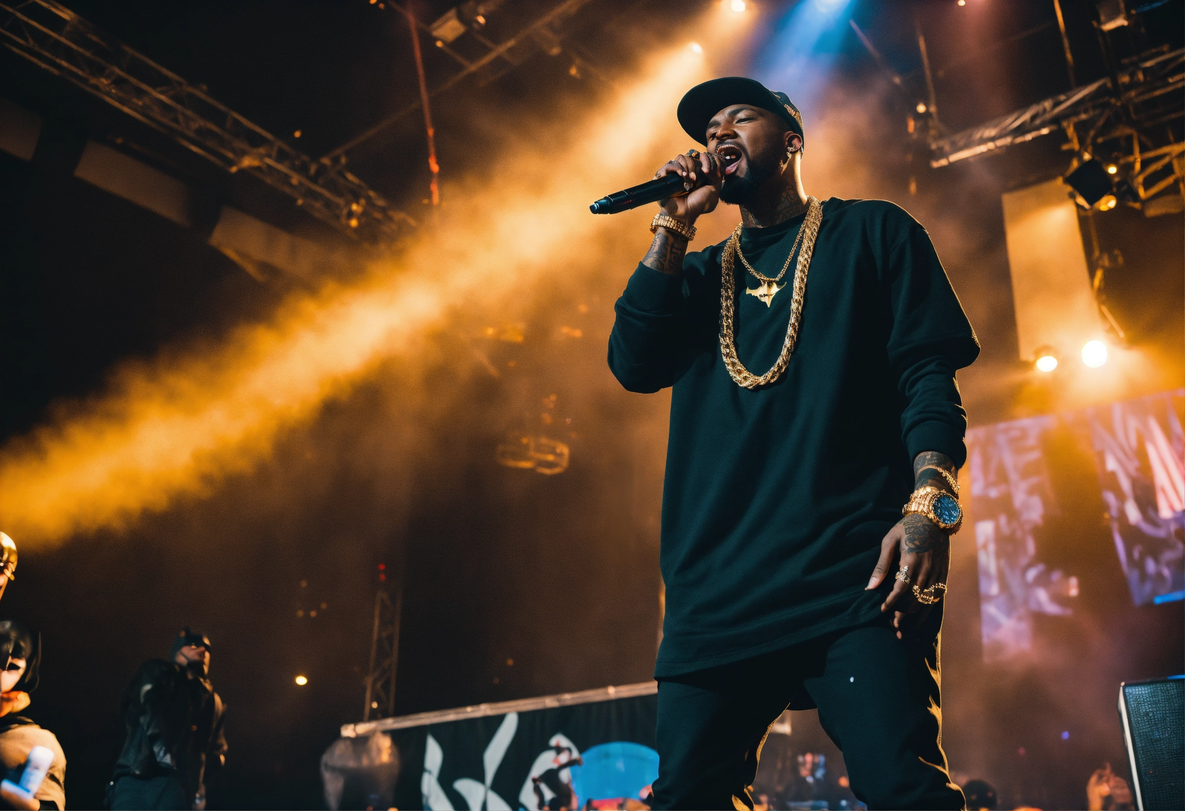 Lexica - Full body shot black battle rapper "Daylyt" eapping on stage ...