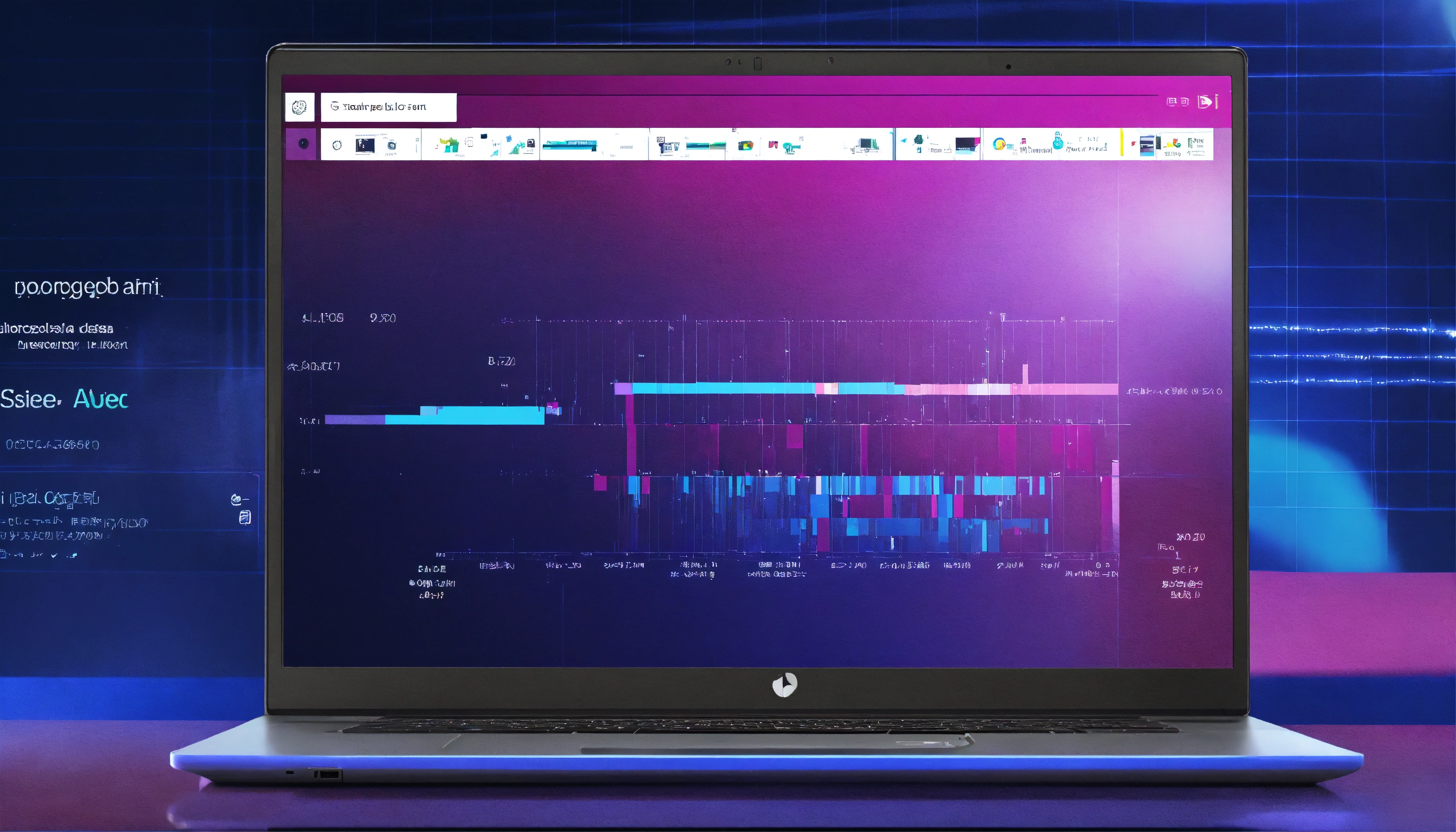 Lexica - Laptop to the right of screen with data on it using blue ...