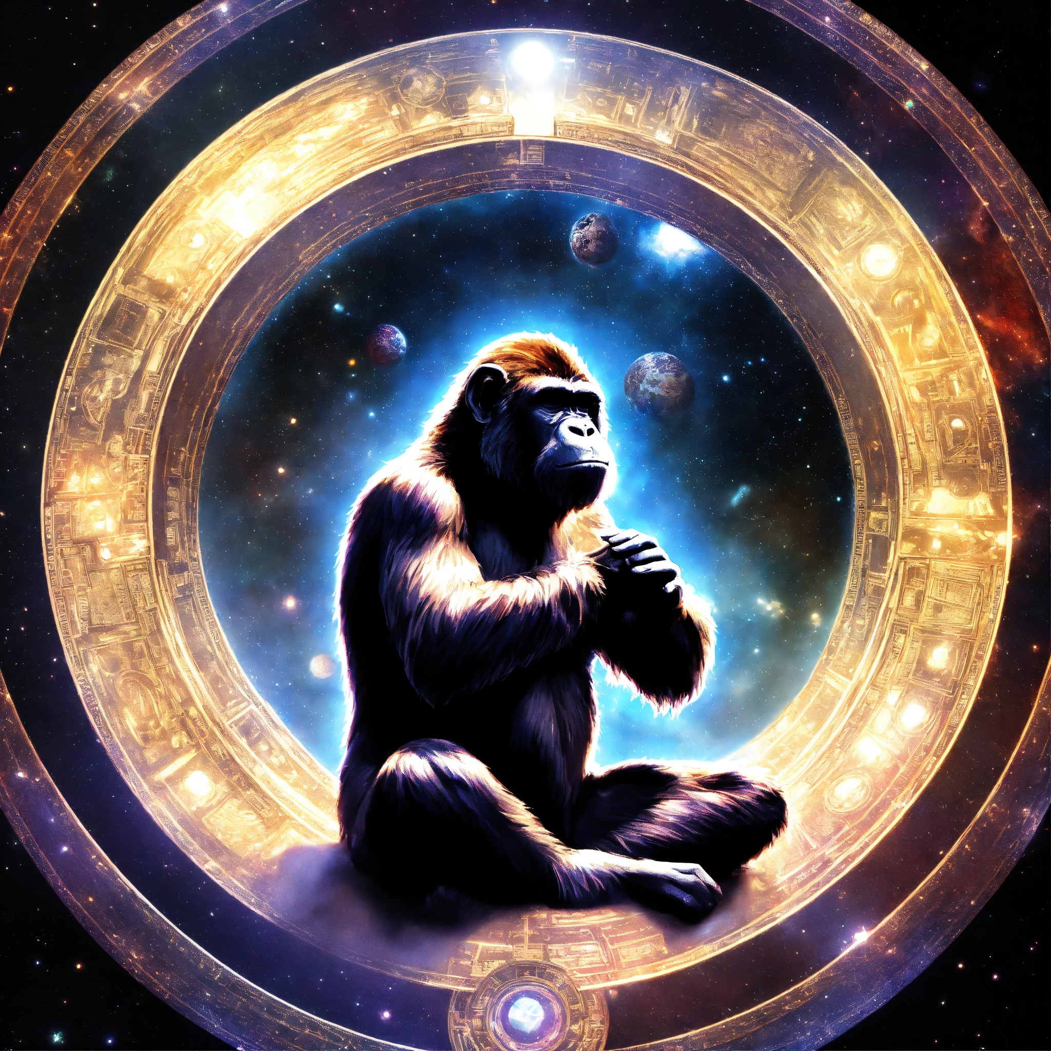 Lexica - Apes praying to a human god in space, in circle image ...
