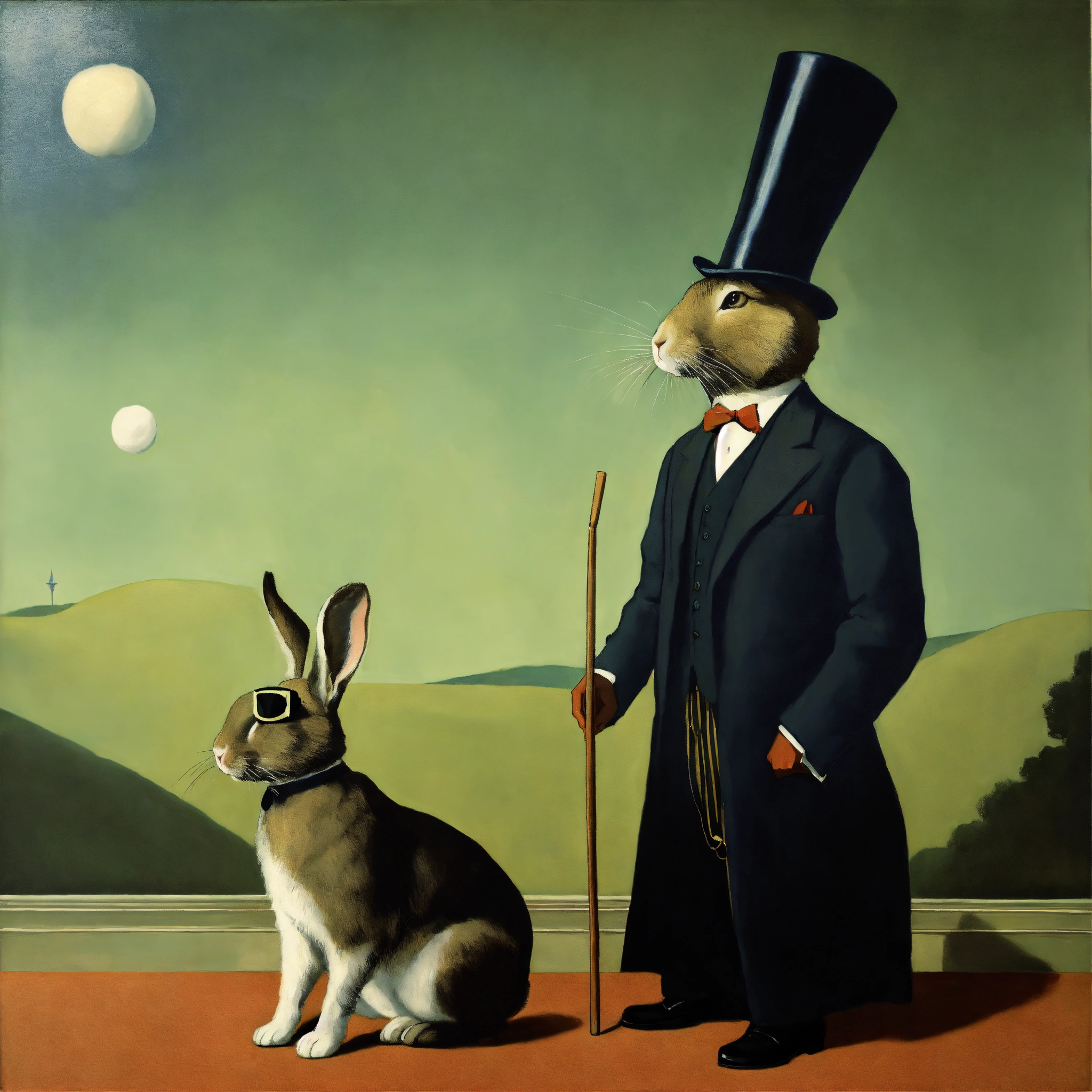 Lexica - Magician, painted by Rene Magritte with big magic rabbit with bowler hat