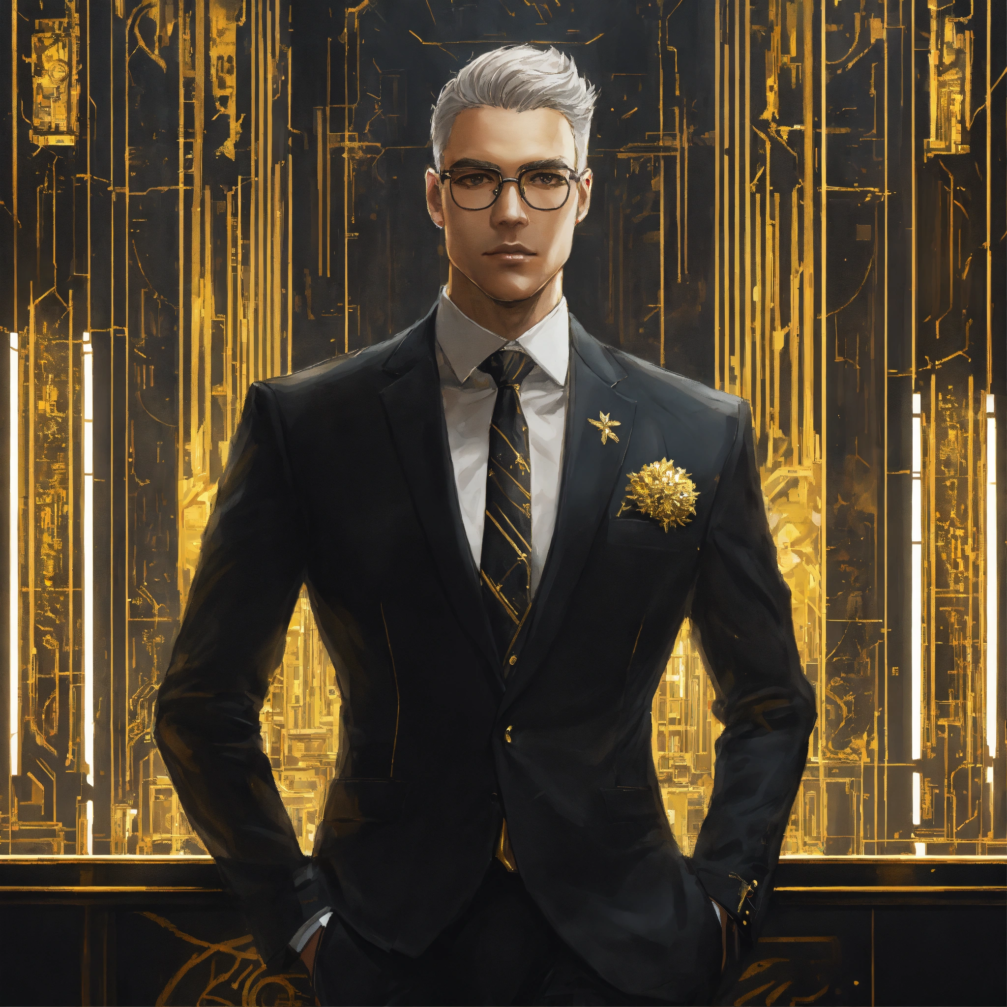 Lexica - Pale cyberpunk executive with glasses in a fancy black suit ...