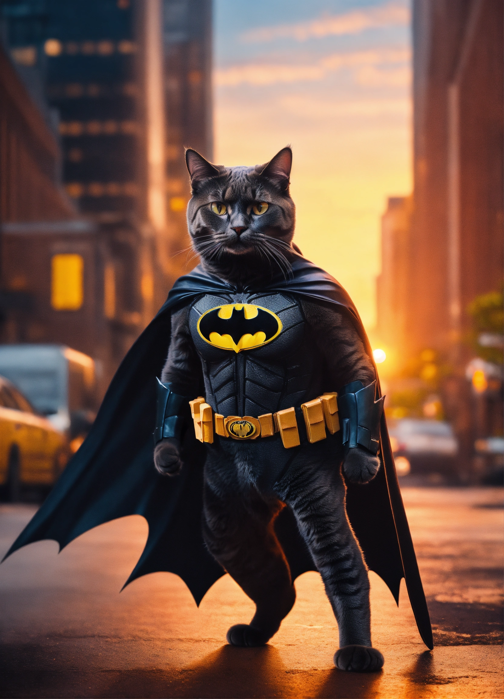 Lexica - A cat wearing a Batman suit at sunset fighting crime in New ...