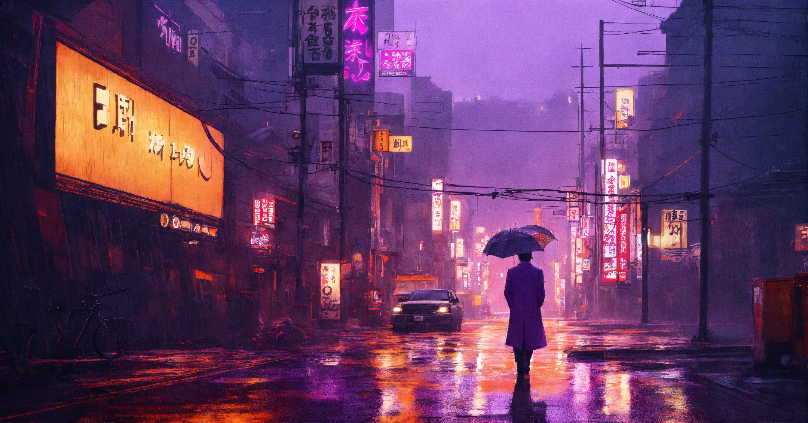 Lexica - Tokyo, post-apocalyptic, rainy mood, purple, orange, one men ...