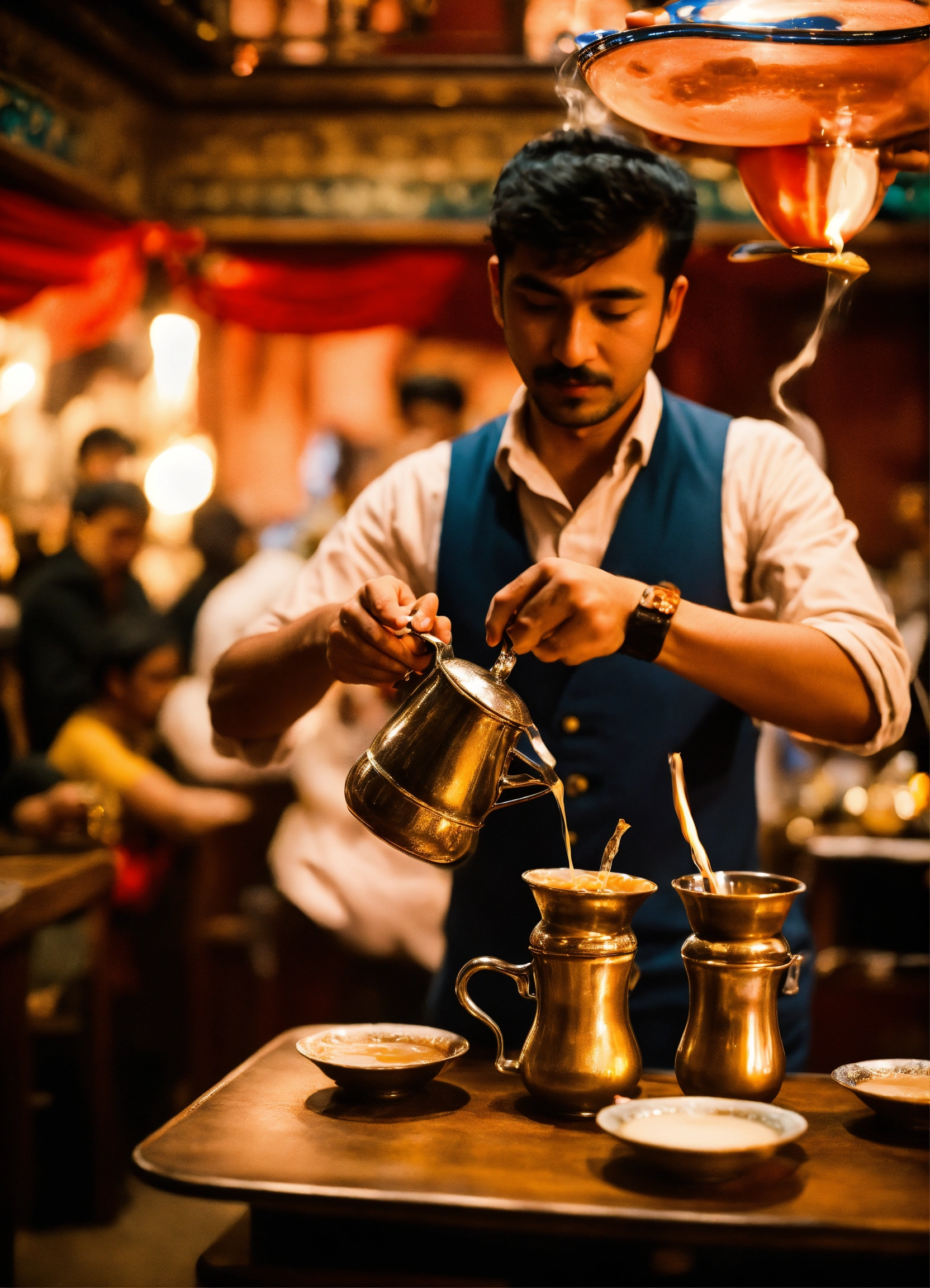 Lexica - Chai master pouring Chai tea from one cup to another cup in a ...