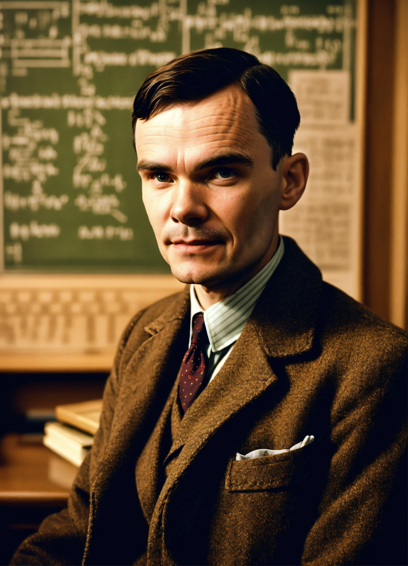 Lexica - A portrait of Alan Turing looking at the camera in a cosy ...