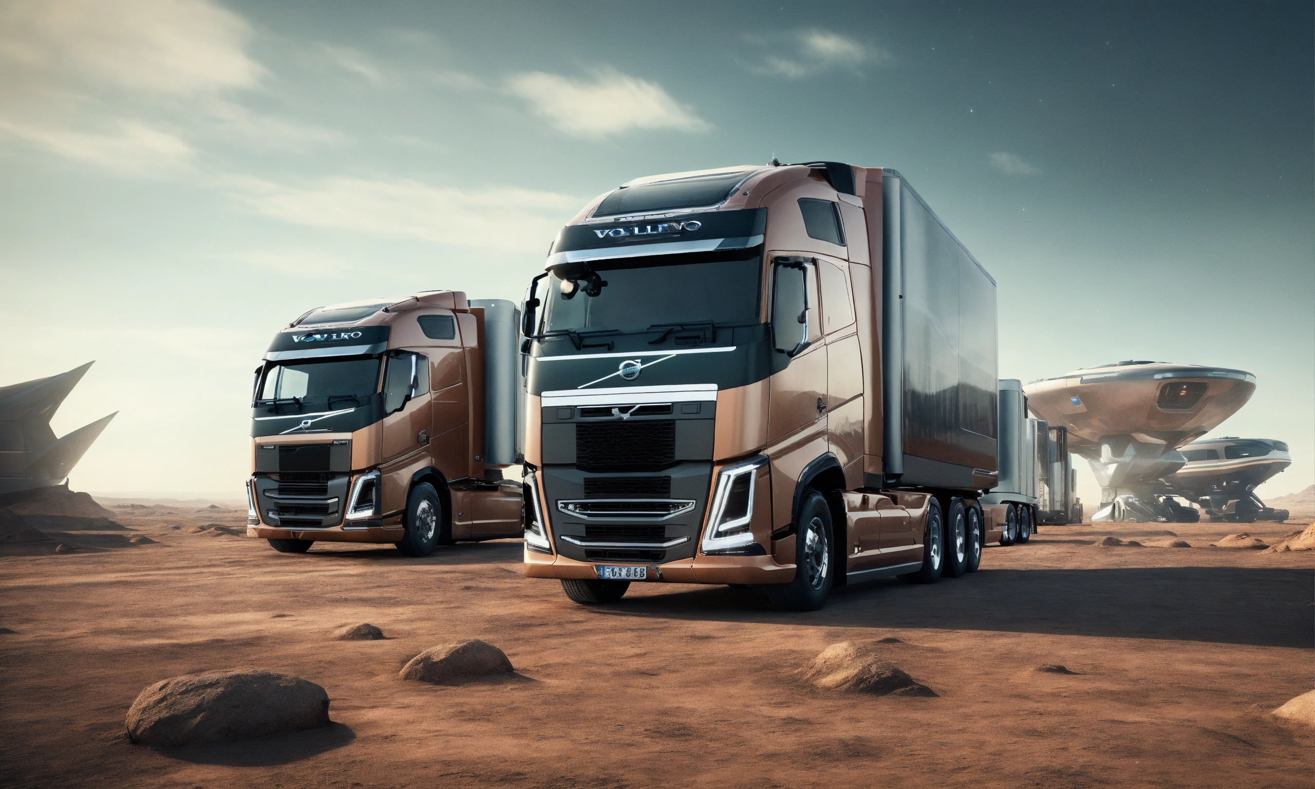 Lexica - Two volvo truck spaceships floating side by side. frontal view ...
