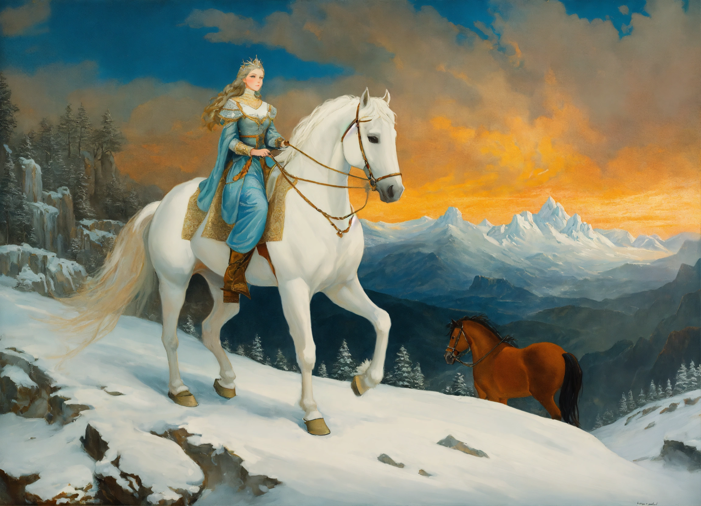 Lexica - The snow queen rides a white horse on a snowy mountain to her ...