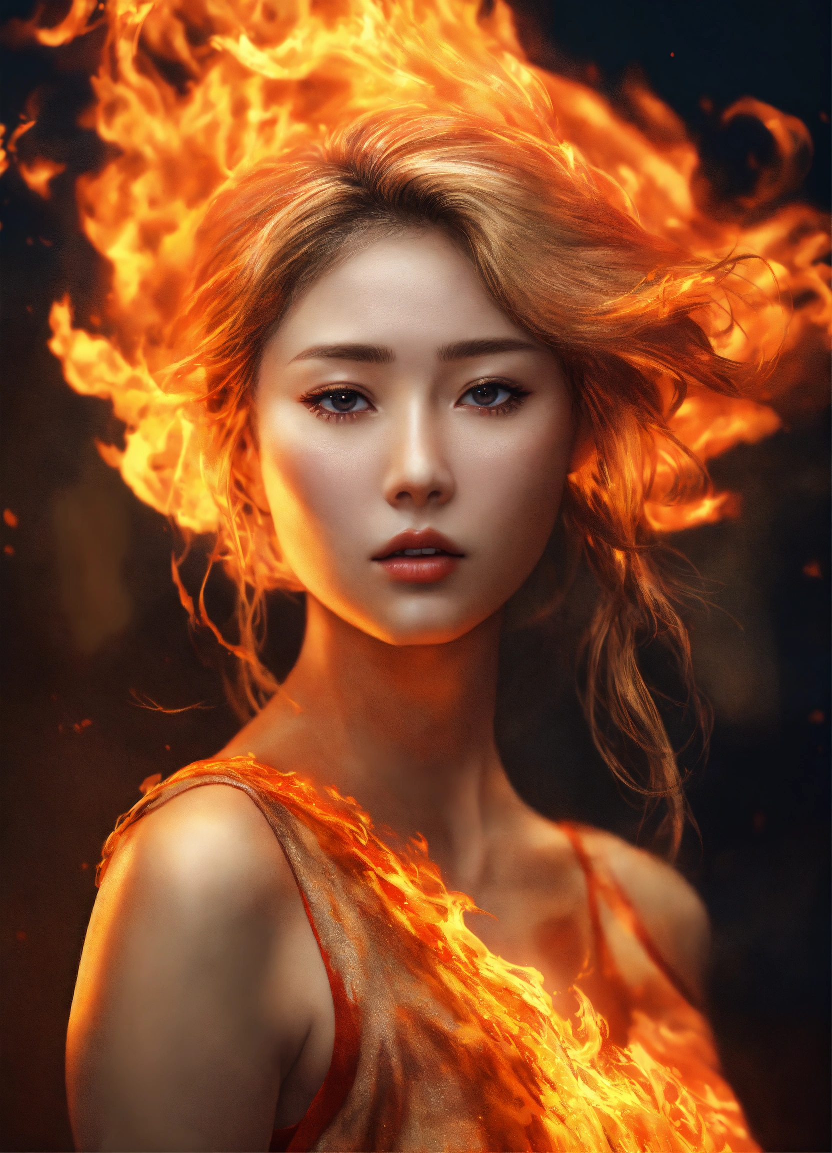 Lexica - A korean blonde woman made out of fire and she has hair made ...