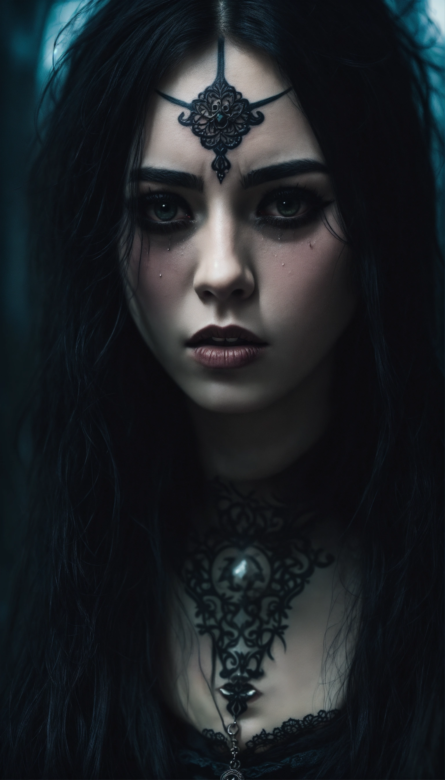 Lexica - A scary girl, close up face, pale skin, long crazy black hair ...