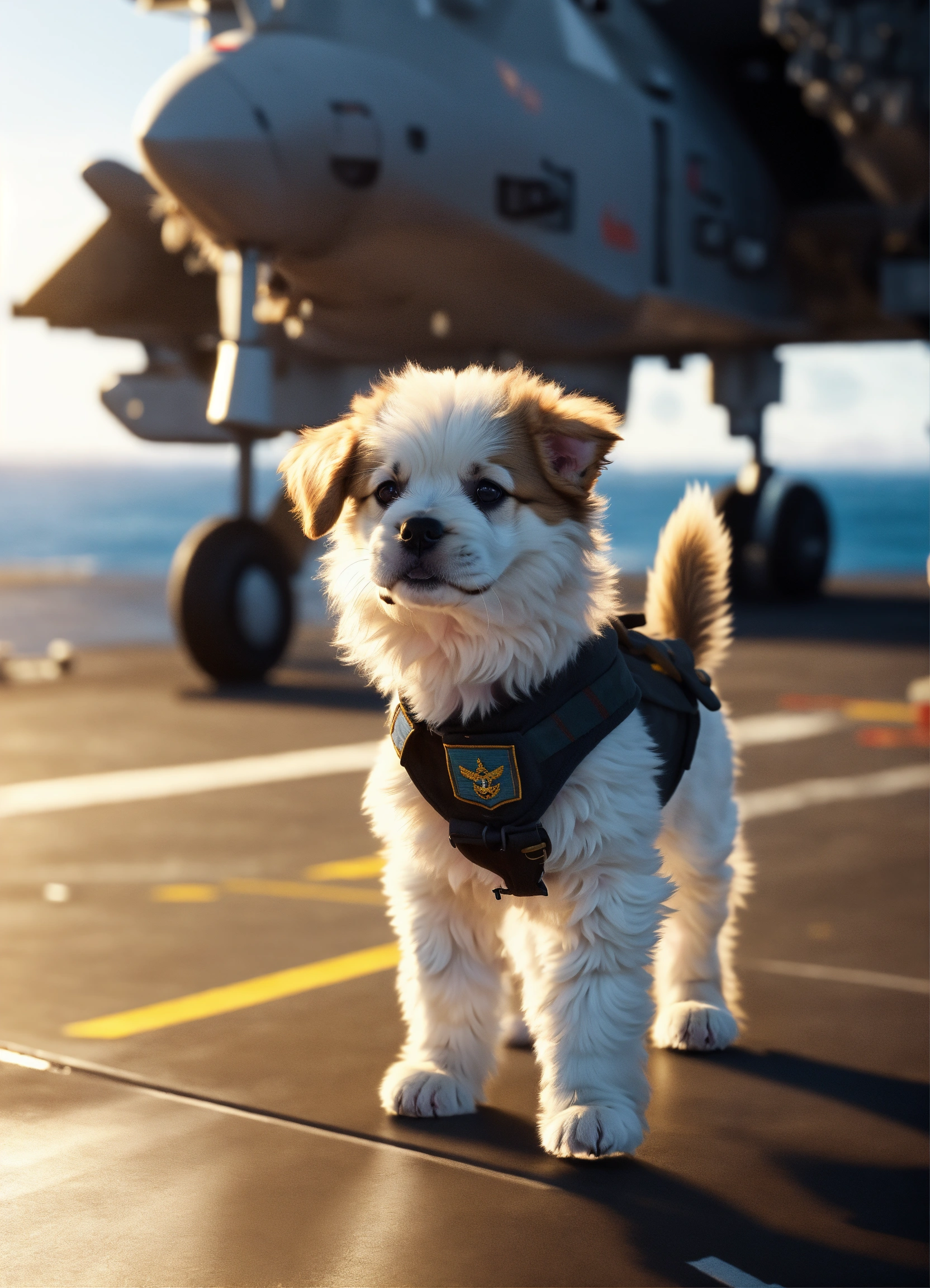 Lexica - A cute fluffy puppy captain walking on a military aircraft ...