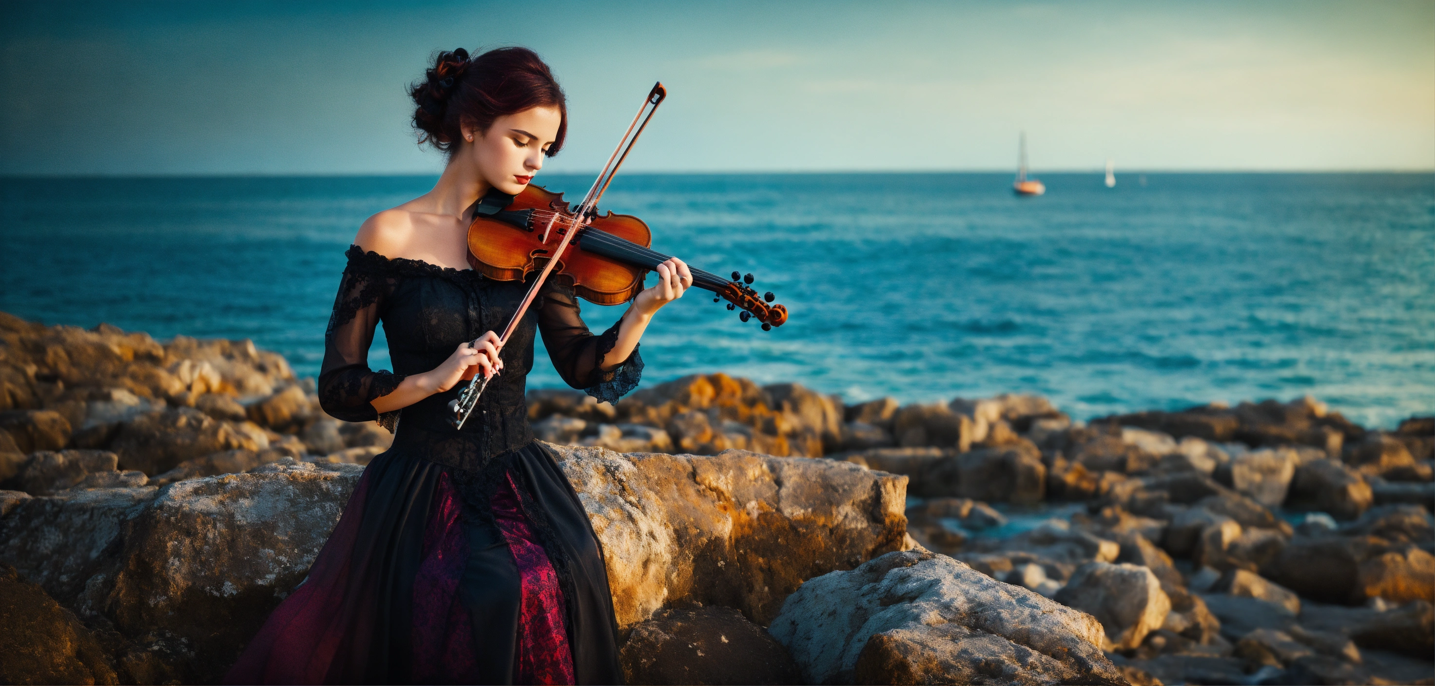 Lexica - Beautiful gothic girl playing violin by the sea