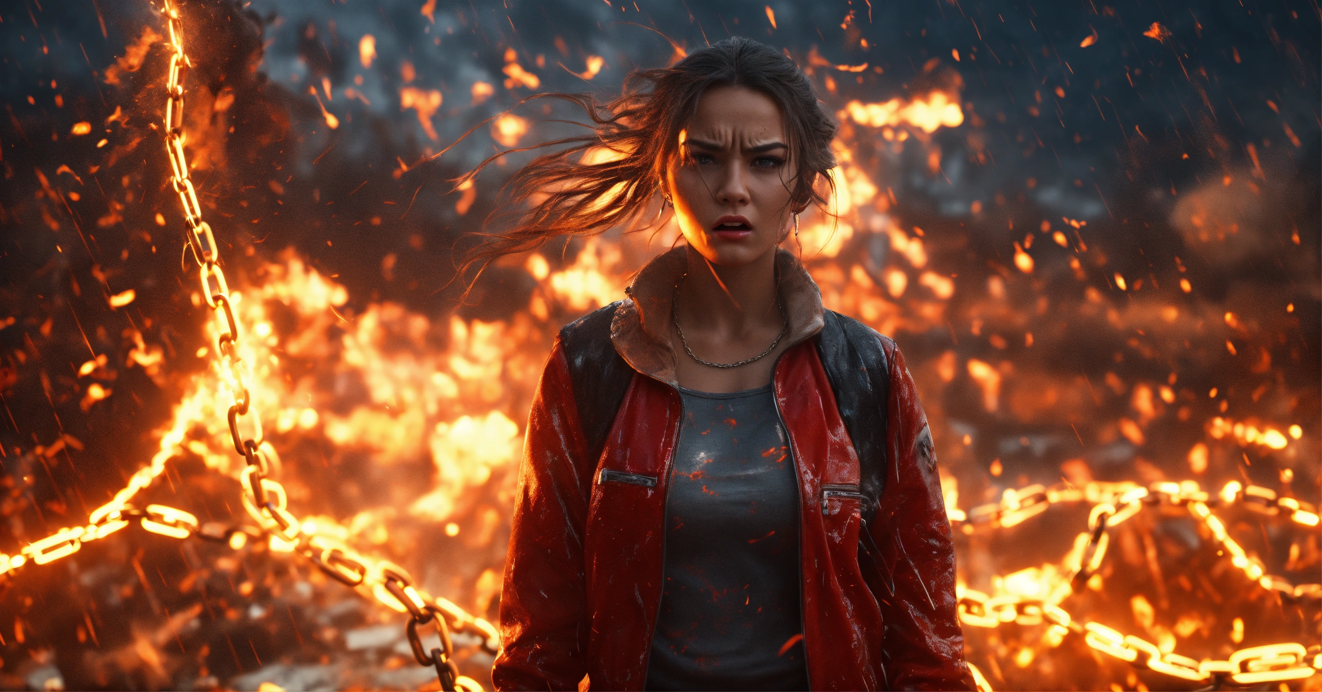 Lexica - A girl, backgrounds like hell, chain effects, angry, 3d, 8k, realistic and details ...