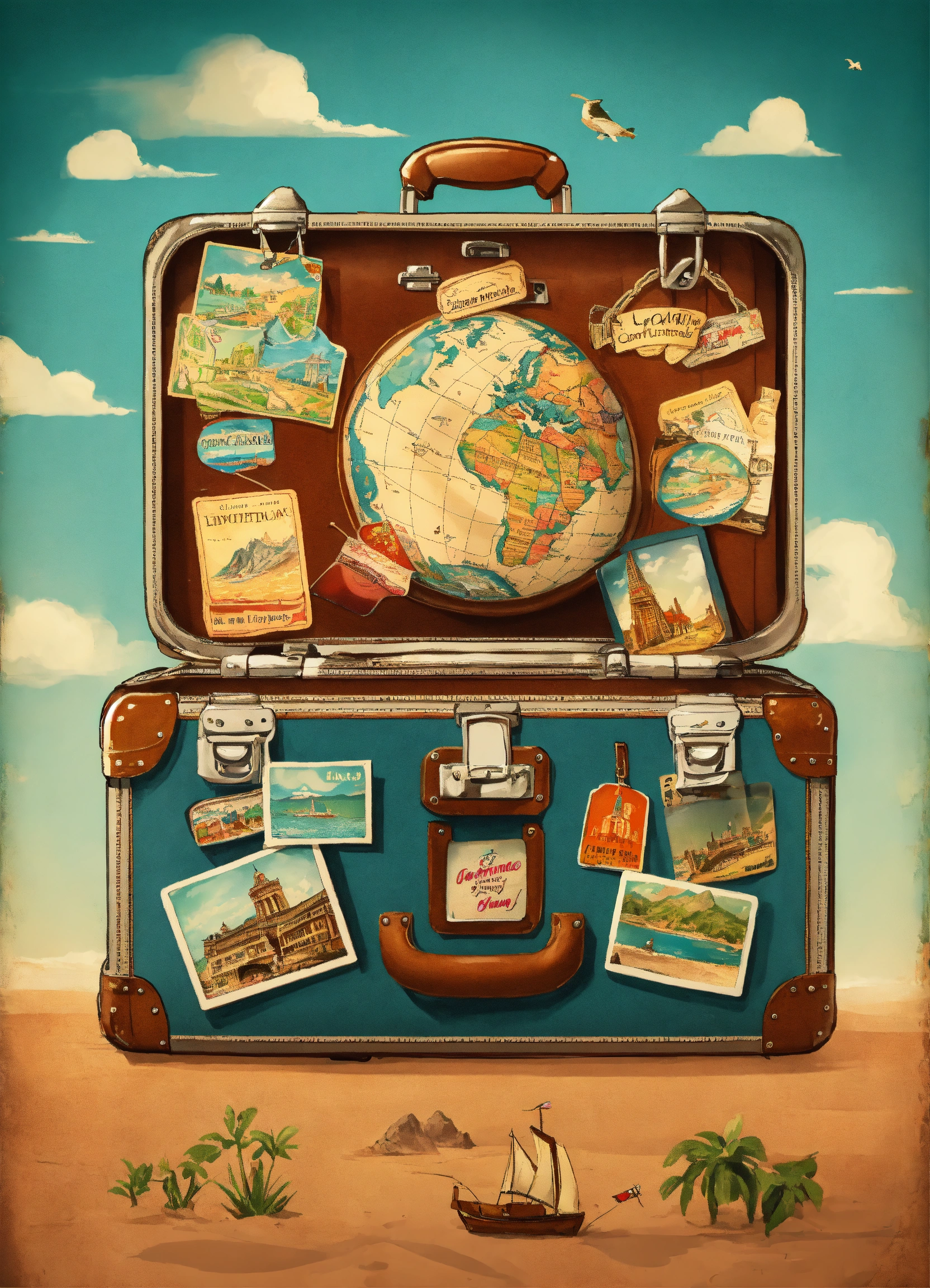 Lexica - A vintage-inspired travel suitcase with stickers from various ...