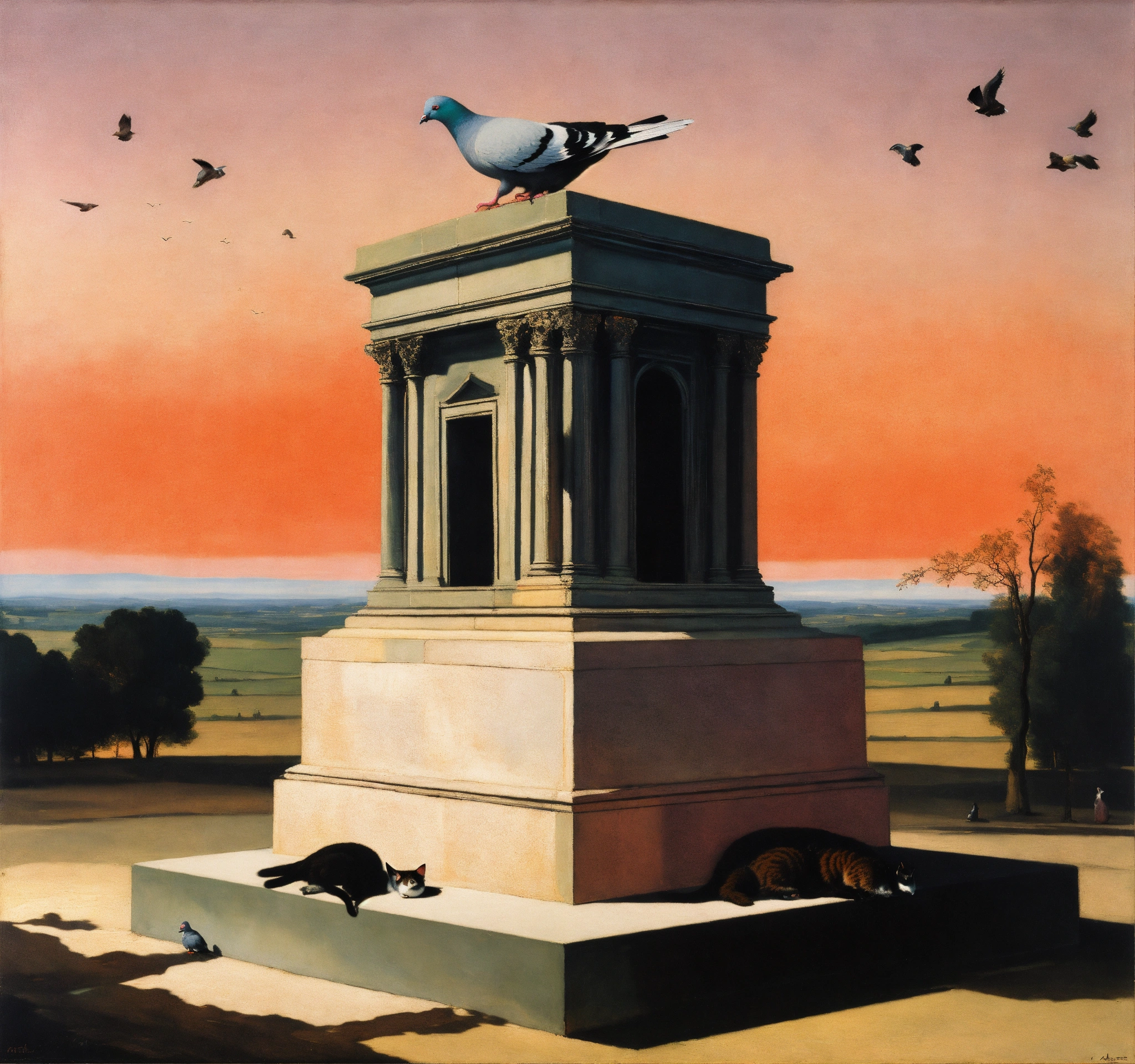 Lexica - Landscape with one pigeon hugging one cat on a huge tomb of ...