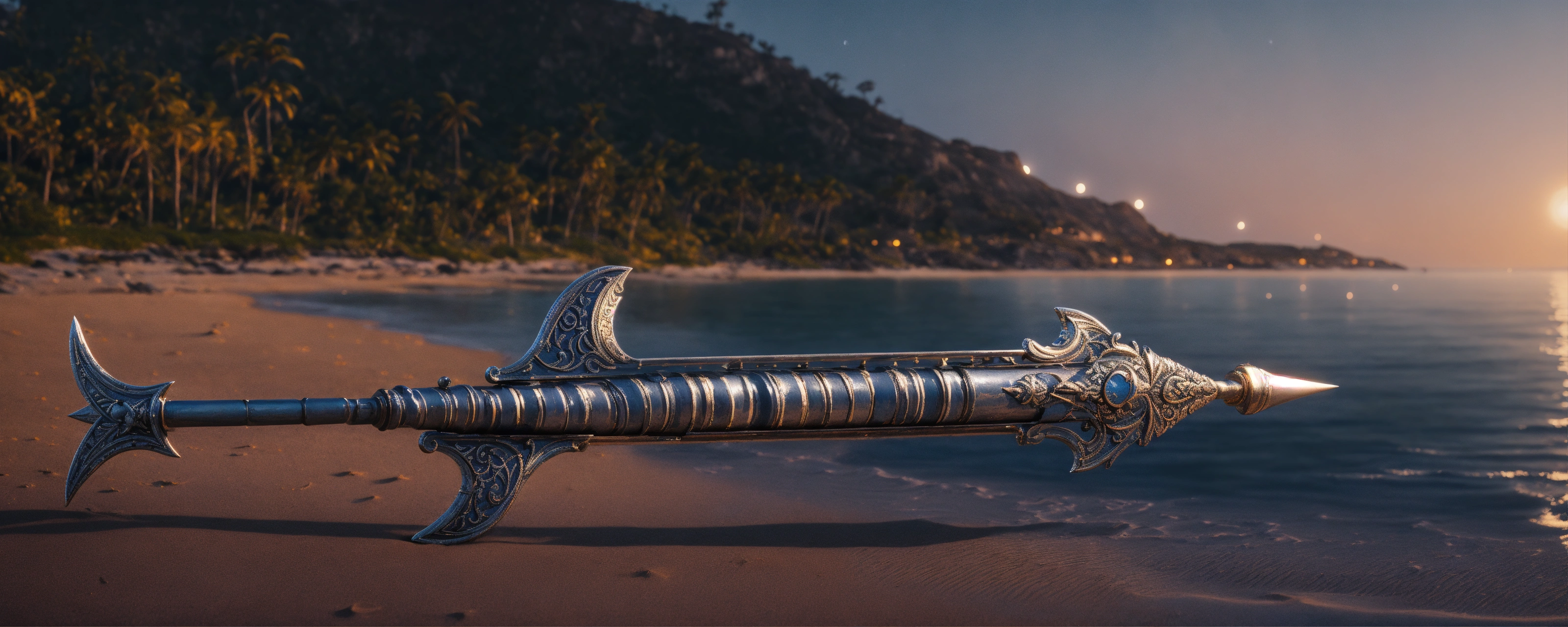 Lexica - 8k, picture of a very long gezackte harpoon with barbs made of ...