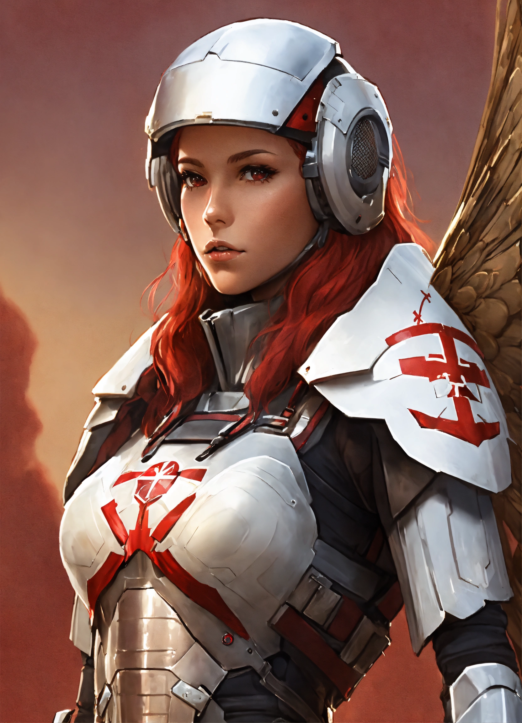 Lexica - Female red hair athletic wearing white metal armor with red ...