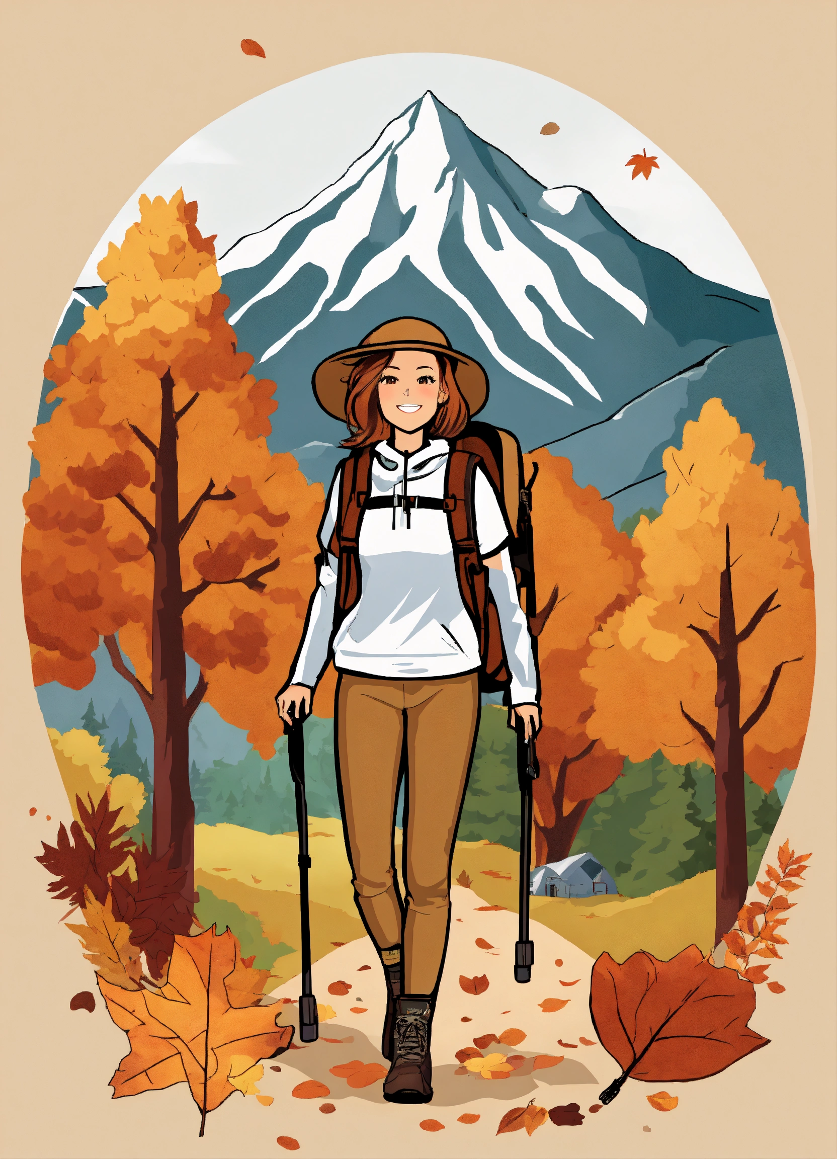 Lexica - Cute female hiker, in autumn and mountains, t-shirt design, 2d ...