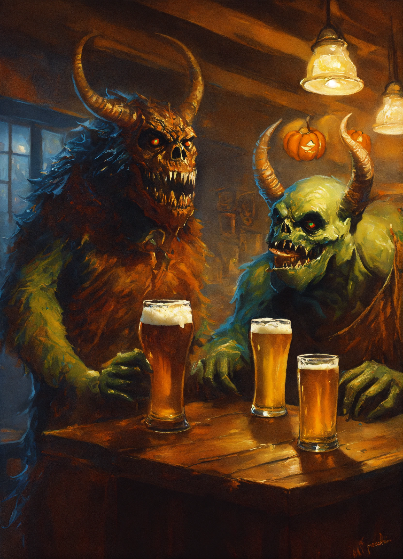 Lexica - Painting of monsters drinking beer at a bar. Greg Rutkowski ...