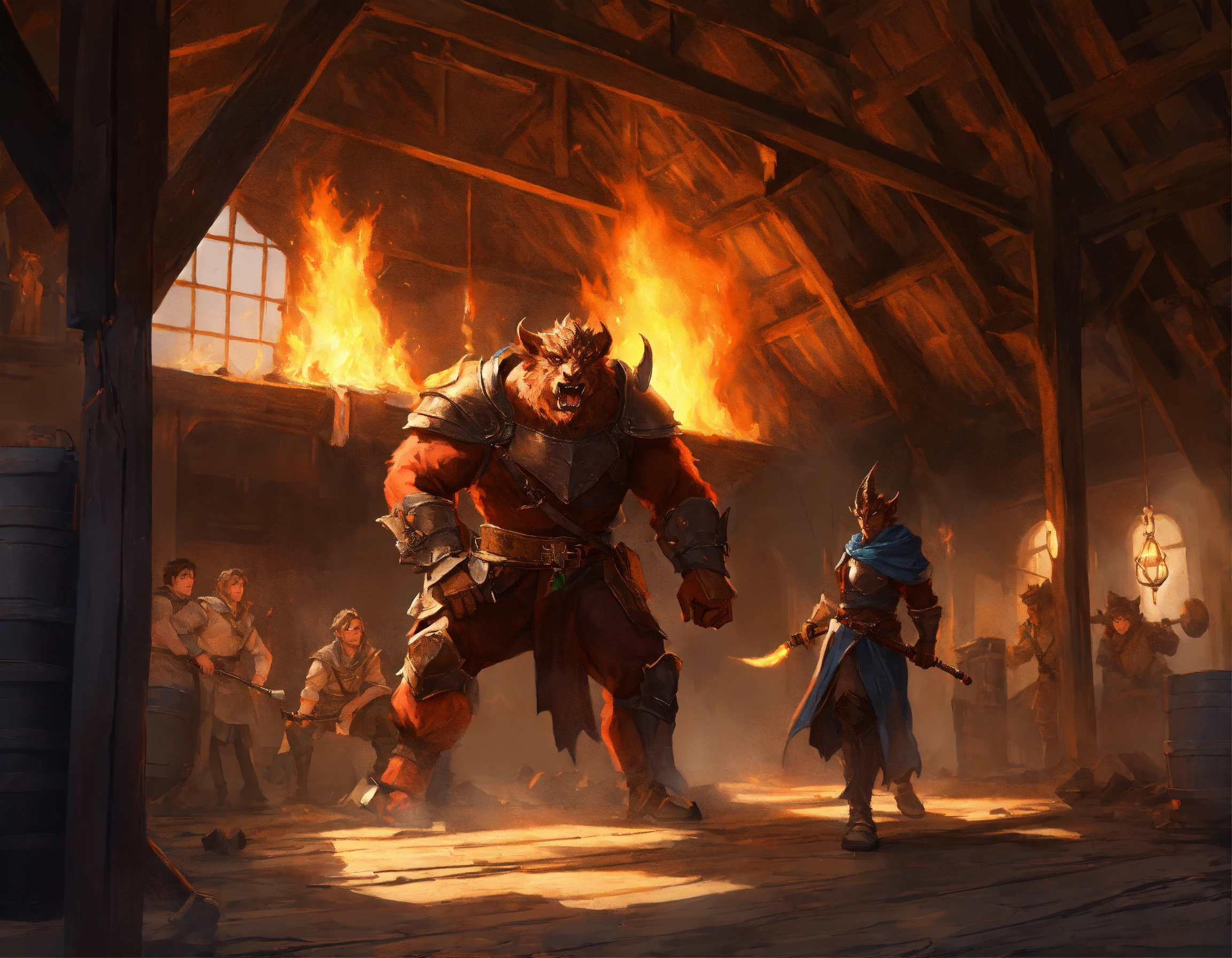 Lexica - Fantasy adventurers in an old barn battling fire gargoyles ...